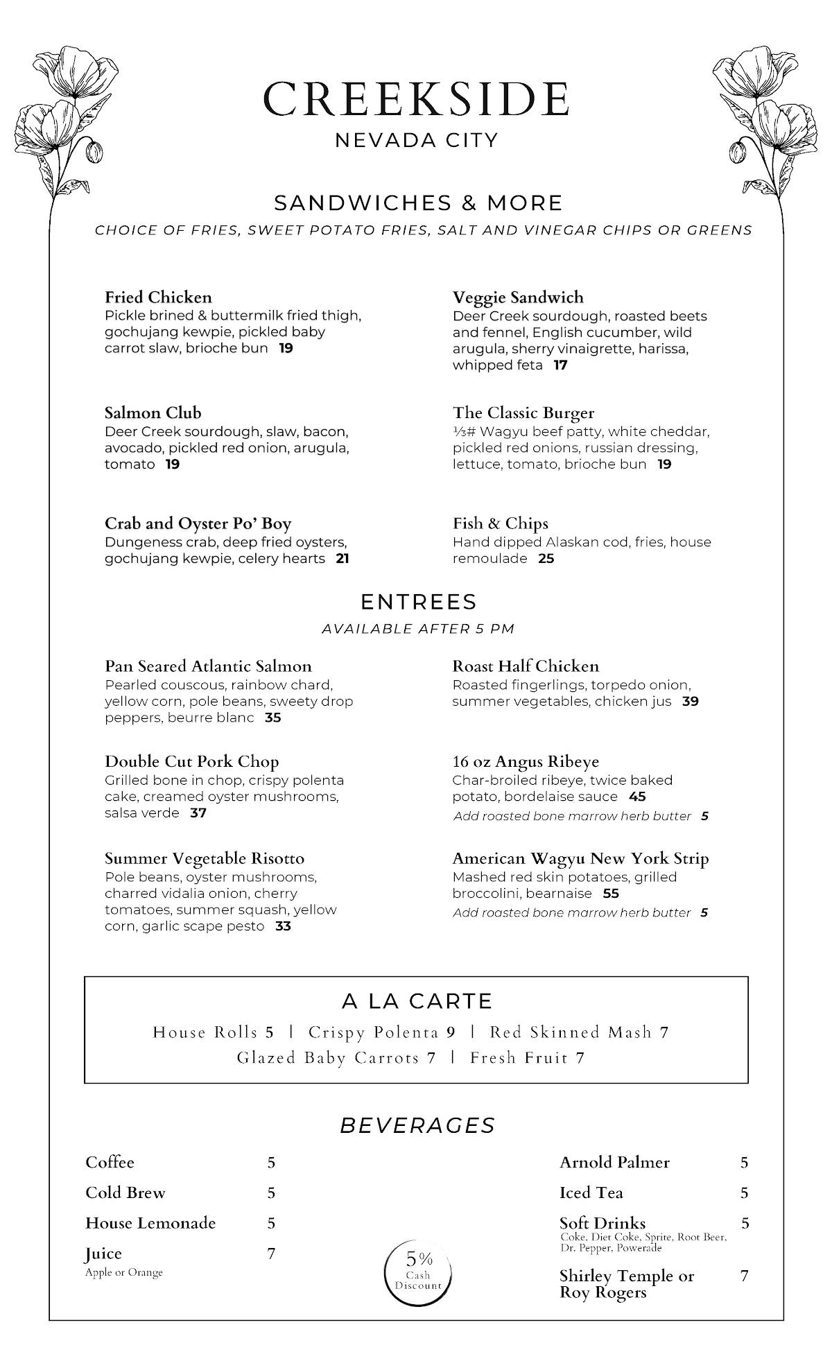 Menu at Creekside Restaurant & Bar, Nevada City