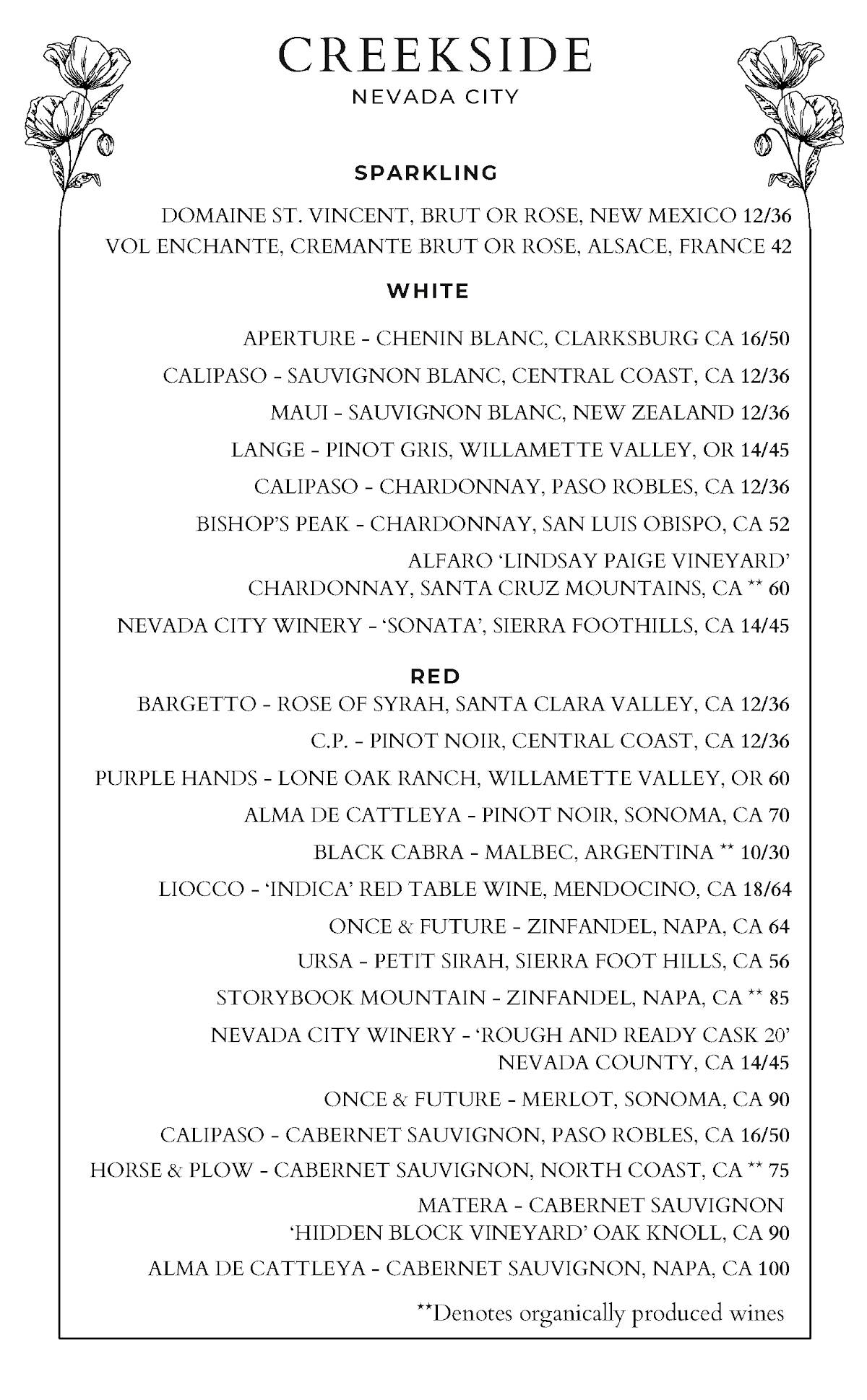 Menu at Creekside Restaurant & Bar, Nevada City