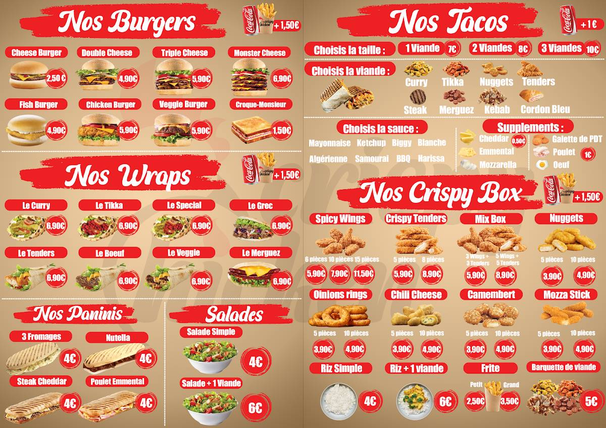 Menu au Crispy Chicken restaurant, Aubervilliers