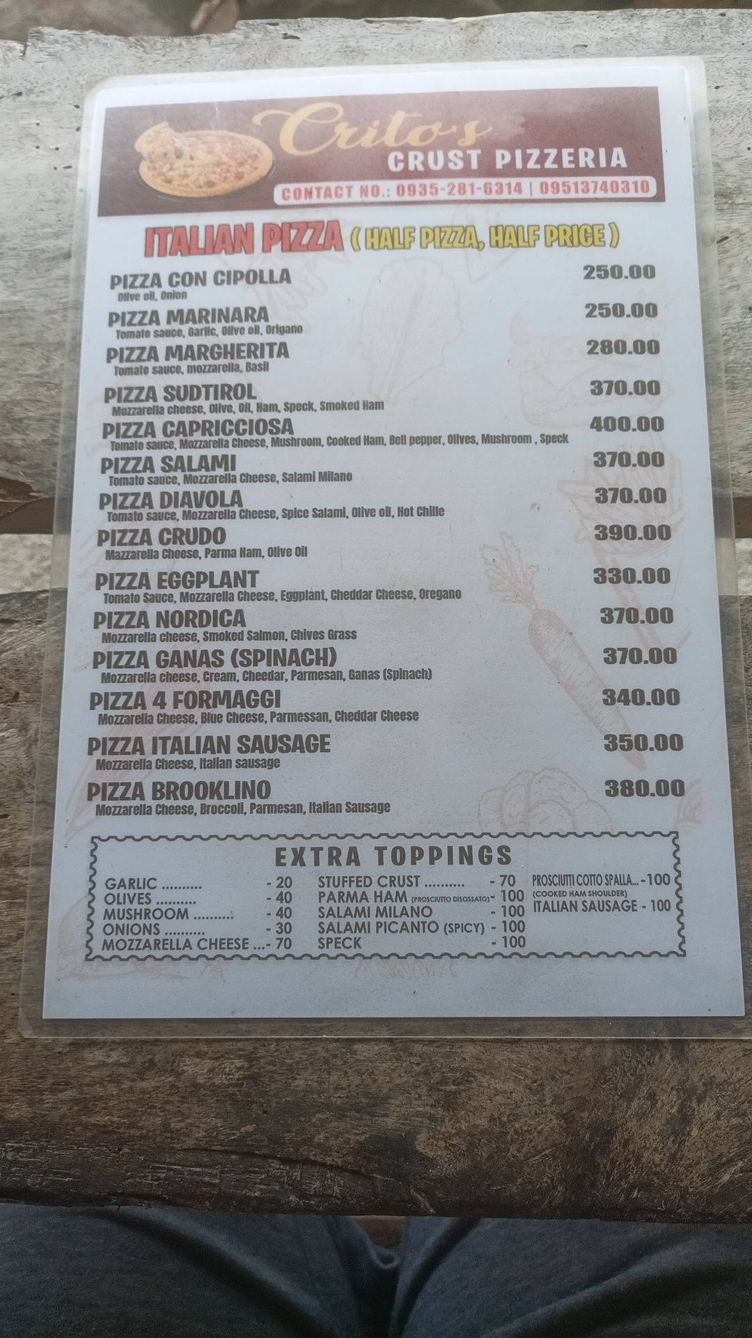 Menu at Crito"s Crust Pizzeria, Mambajao