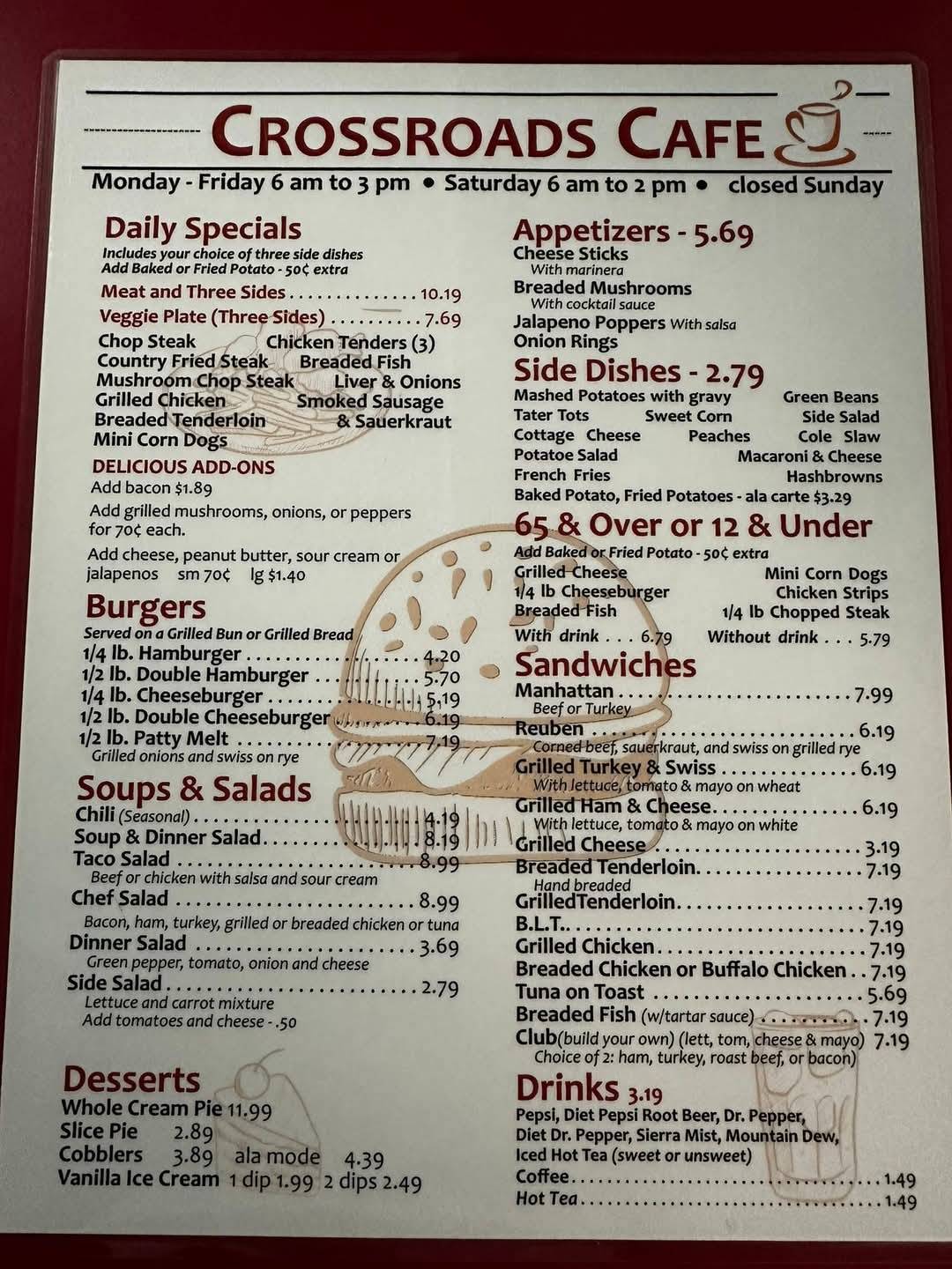 Menu at Cross Roads Cafe, Bloomfield