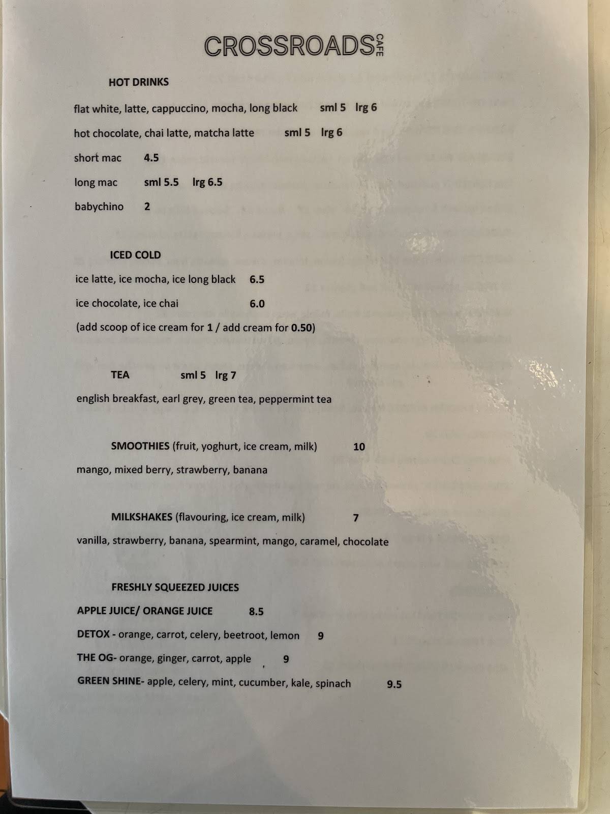 Menu at Crossroads Cafe, Shoalwater