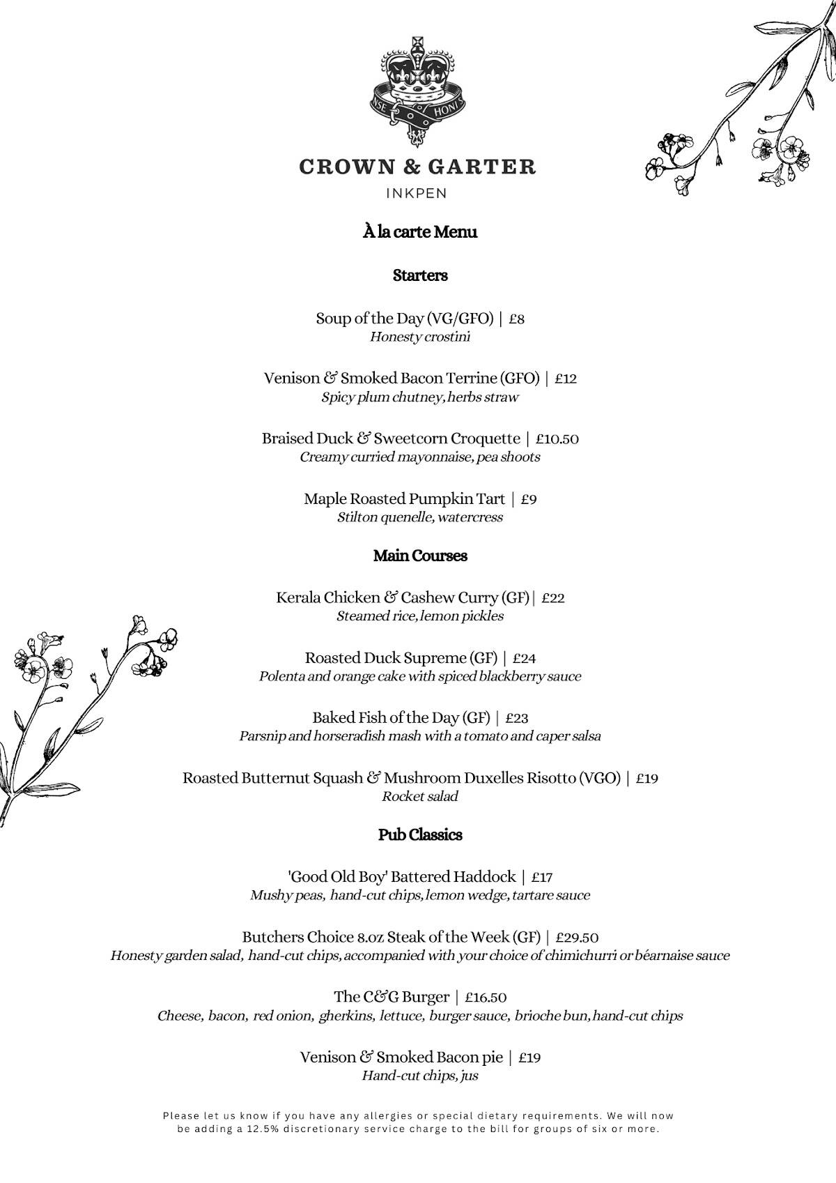 Menu at Crown & Garter pub & bar, Kintbury, Great Common