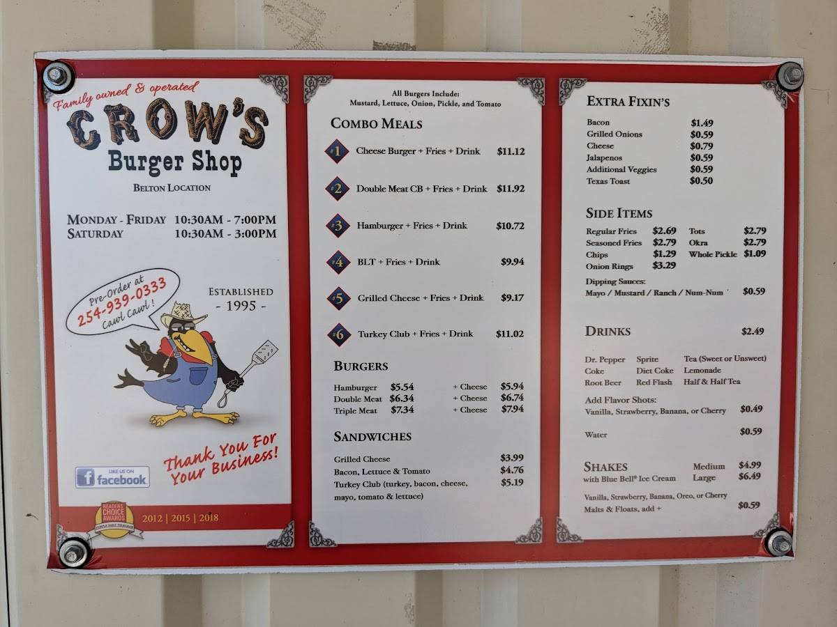 Carta del restaurante Crow's Burger Shop, Belton