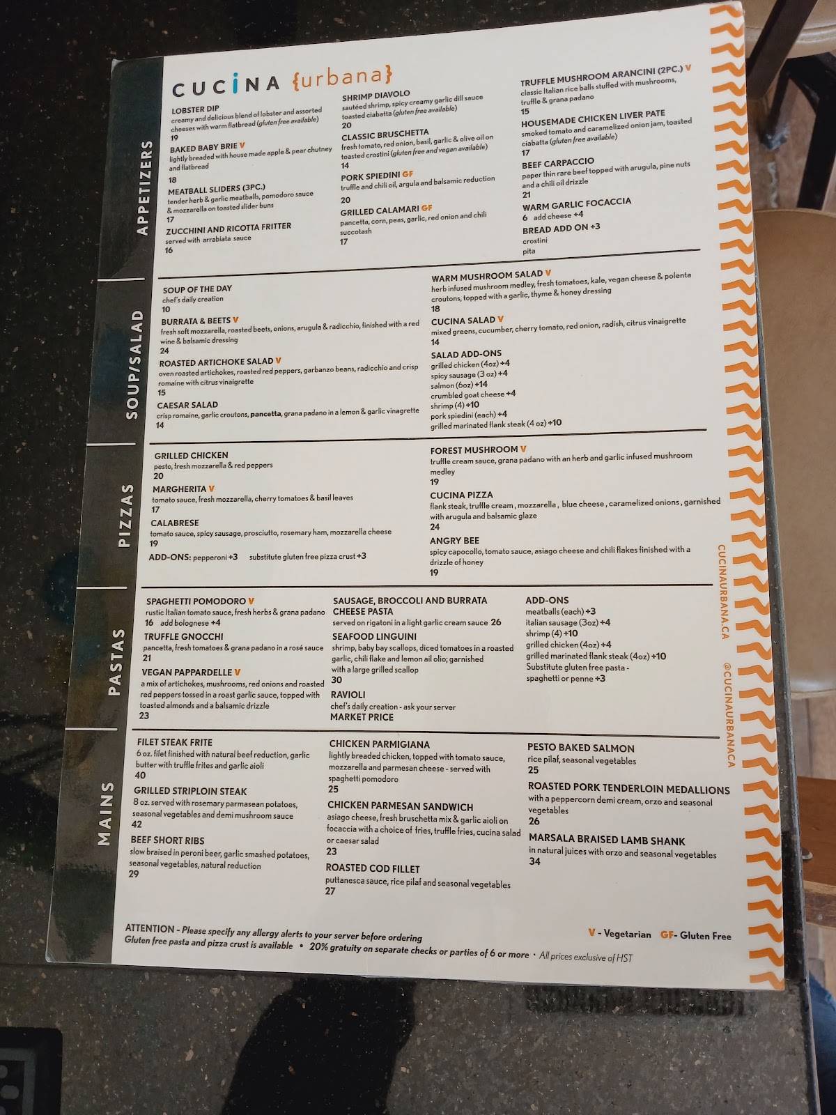 Menu at Cucina Urbana Italian Kitchen & Wine Bar, Cobourg