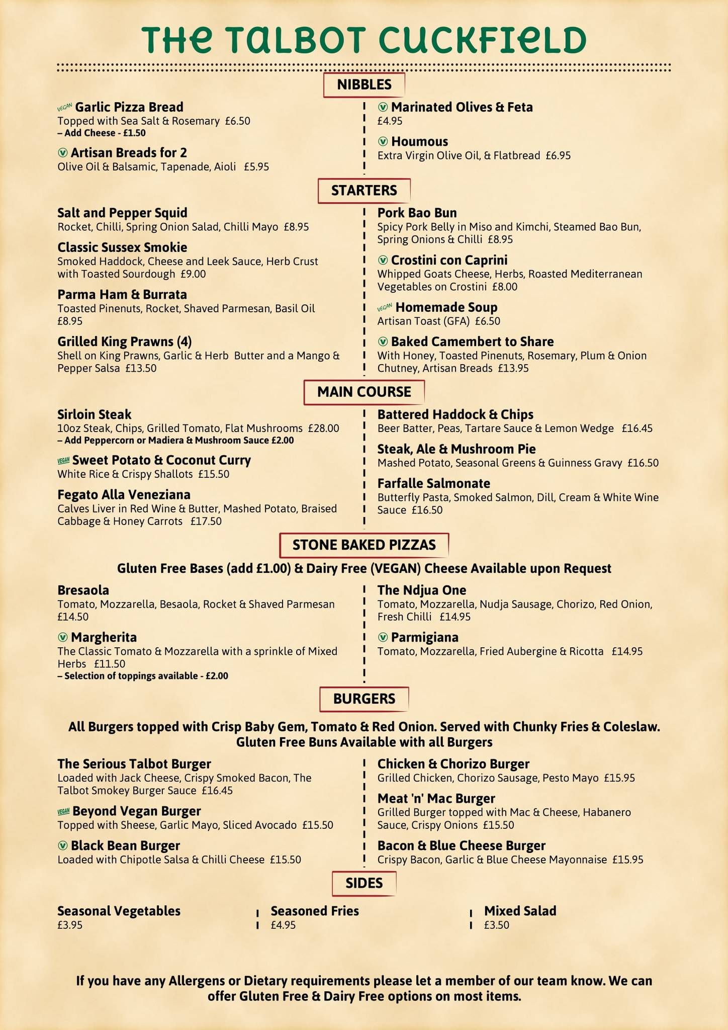Menu at The Talbot pub & bar, Haywards Heath