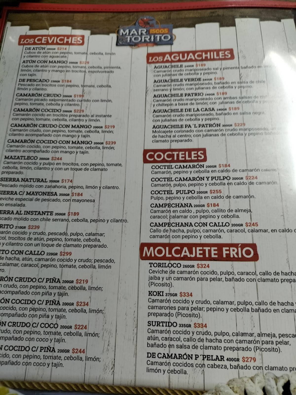 Carta del restaurante Mariscos El Torito, Culiacán Rosales