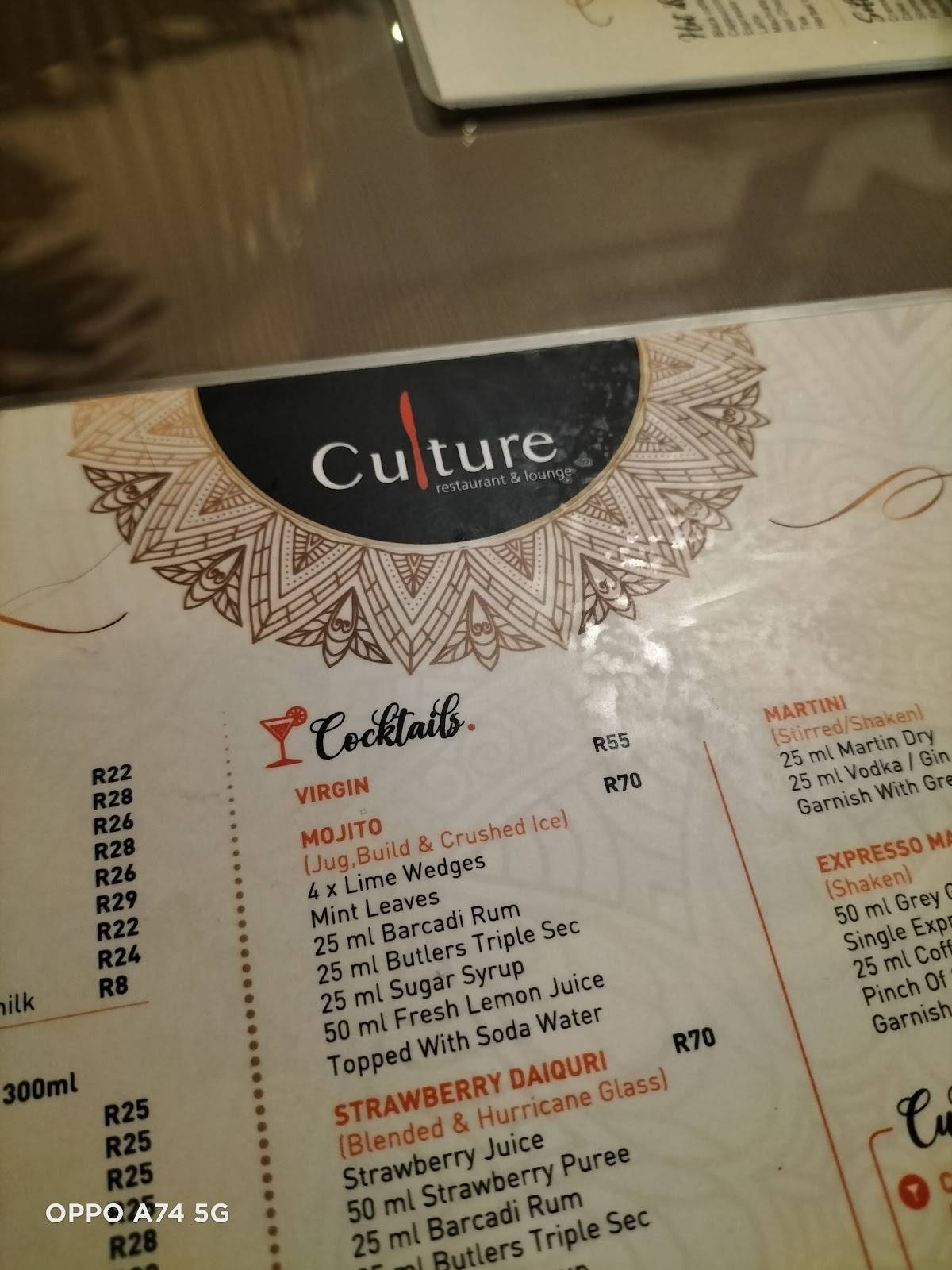 Menu at Culture Restaurant and Lounge, Umhlanga