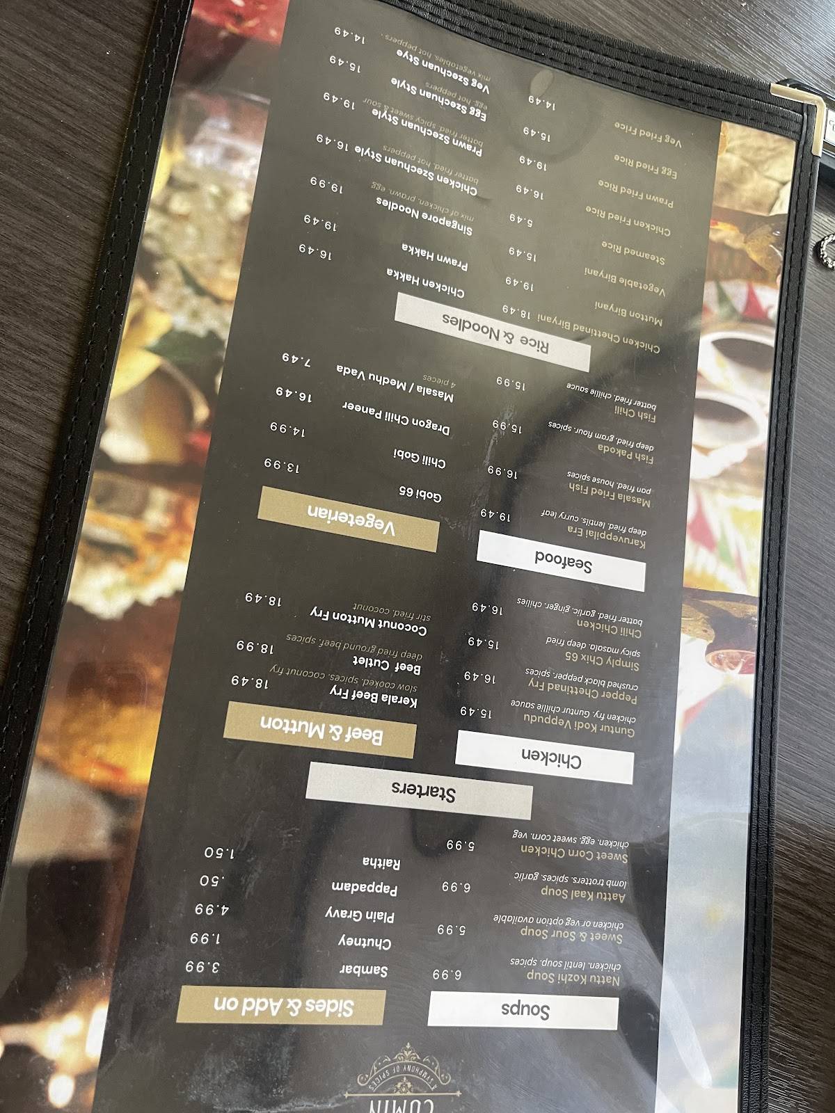 Menu at Cumin South Indian Restaurant, Edmonton