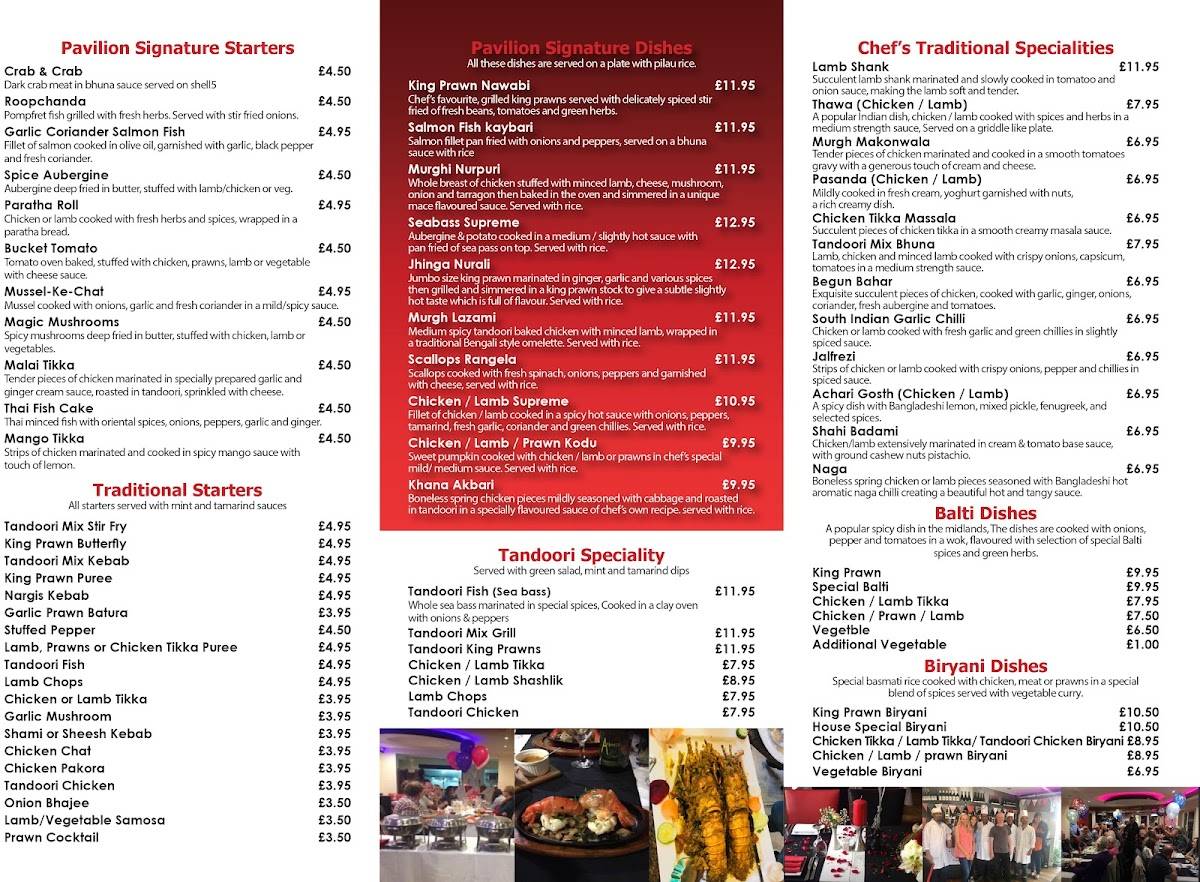 Menu at The Pavilion restaurant, Curdworth