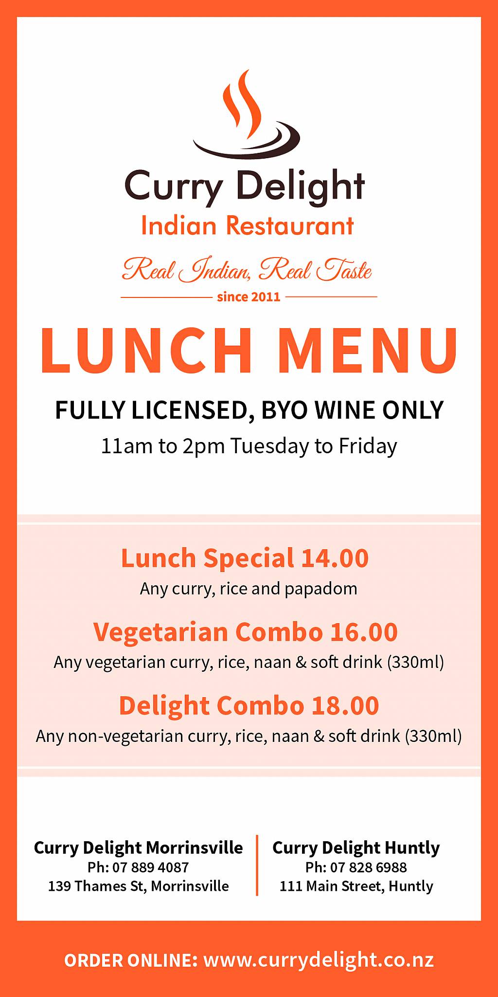 Menu at Curry Delight Indian Restaurant, Morrinsville