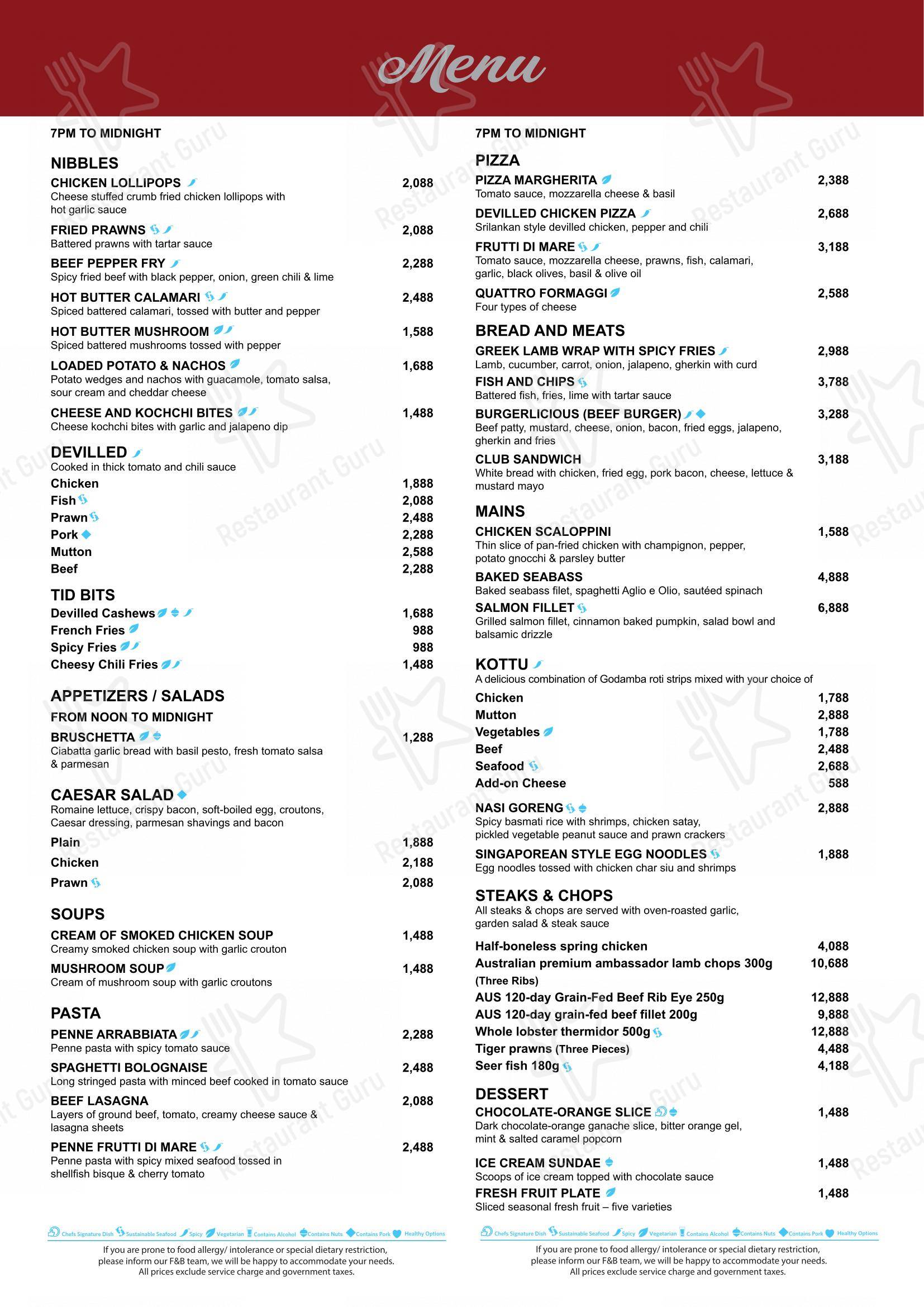 Menu at Curry Leaf Colombo restaurant, Colombo, Hilton Hotel
