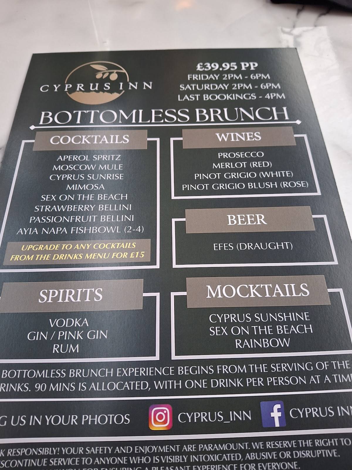 Menu at Cyprus Inn restaurant, Stalybridge