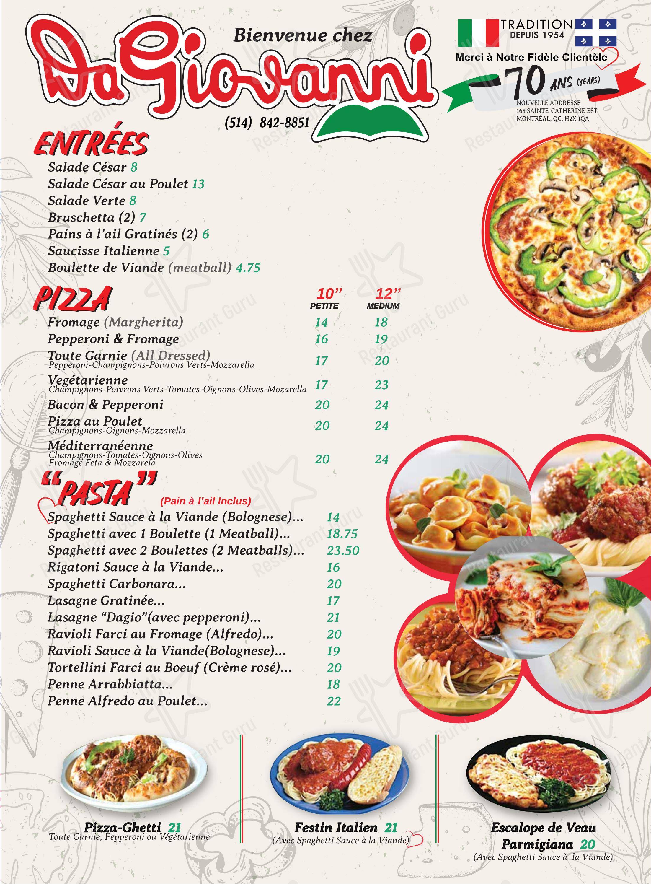 Menu au Da Giovanni pizzeria, Montréal, 165 St Catherine St E