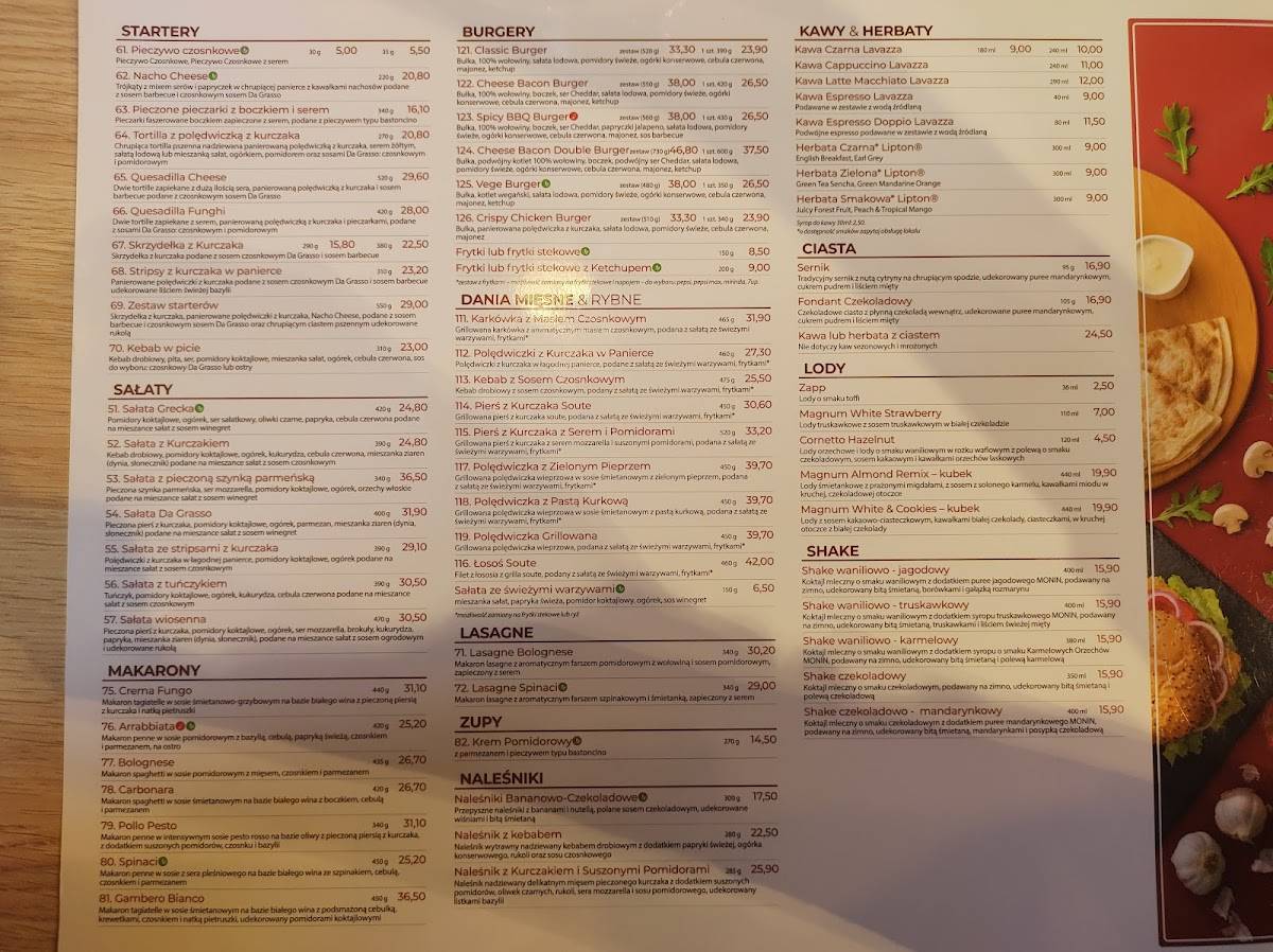 Menu at Da Grasso restaurant, Żywiec