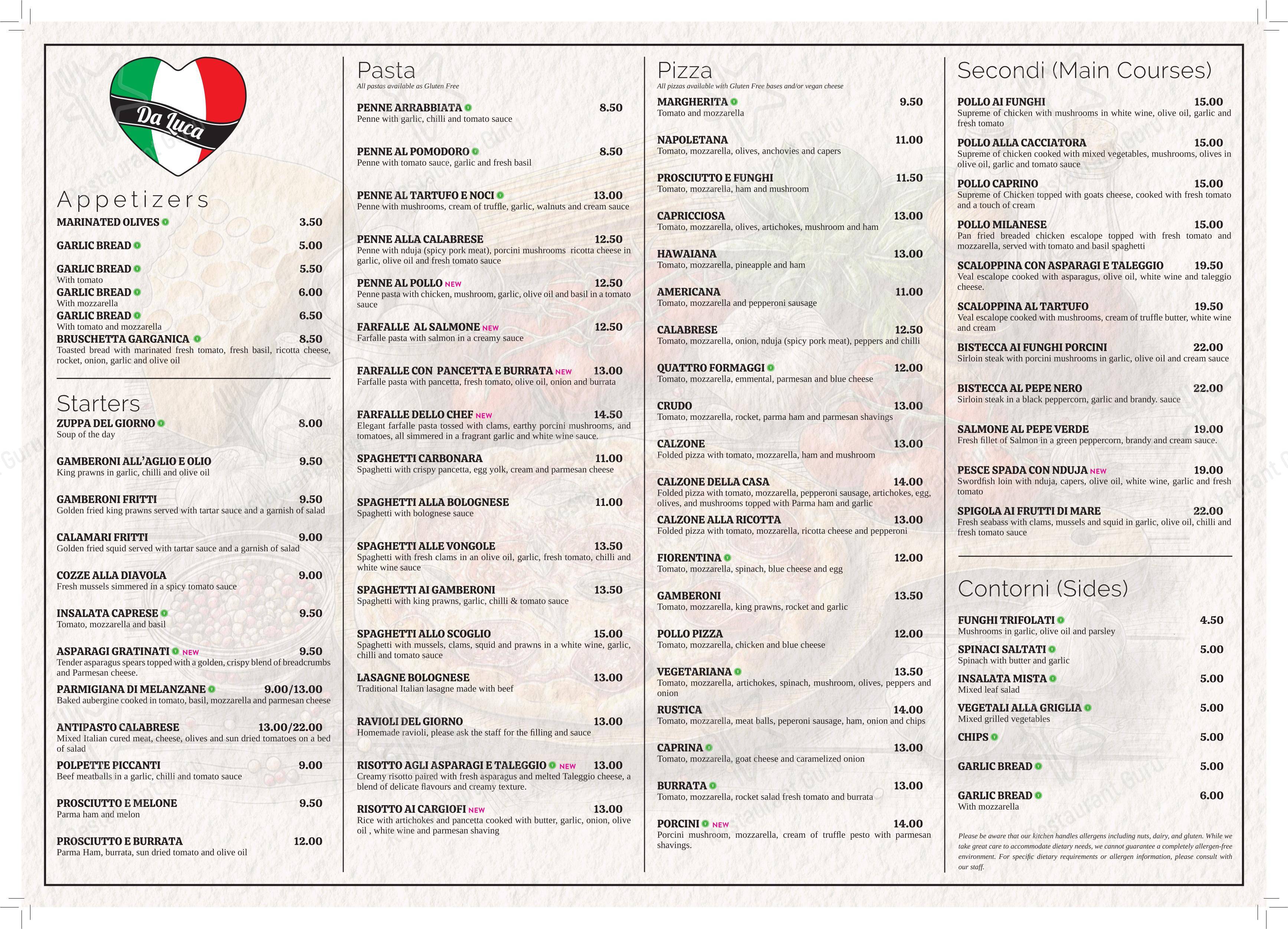 Menu at Da Luca Restaurant, Marlow
