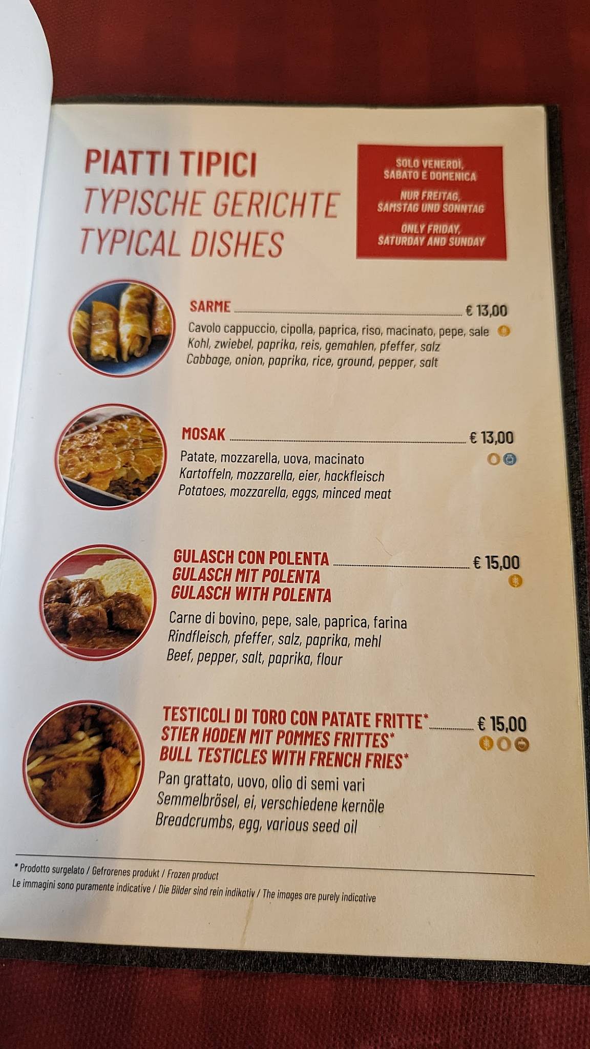 Menu da Da quei tre ristorante, Chiusaforte