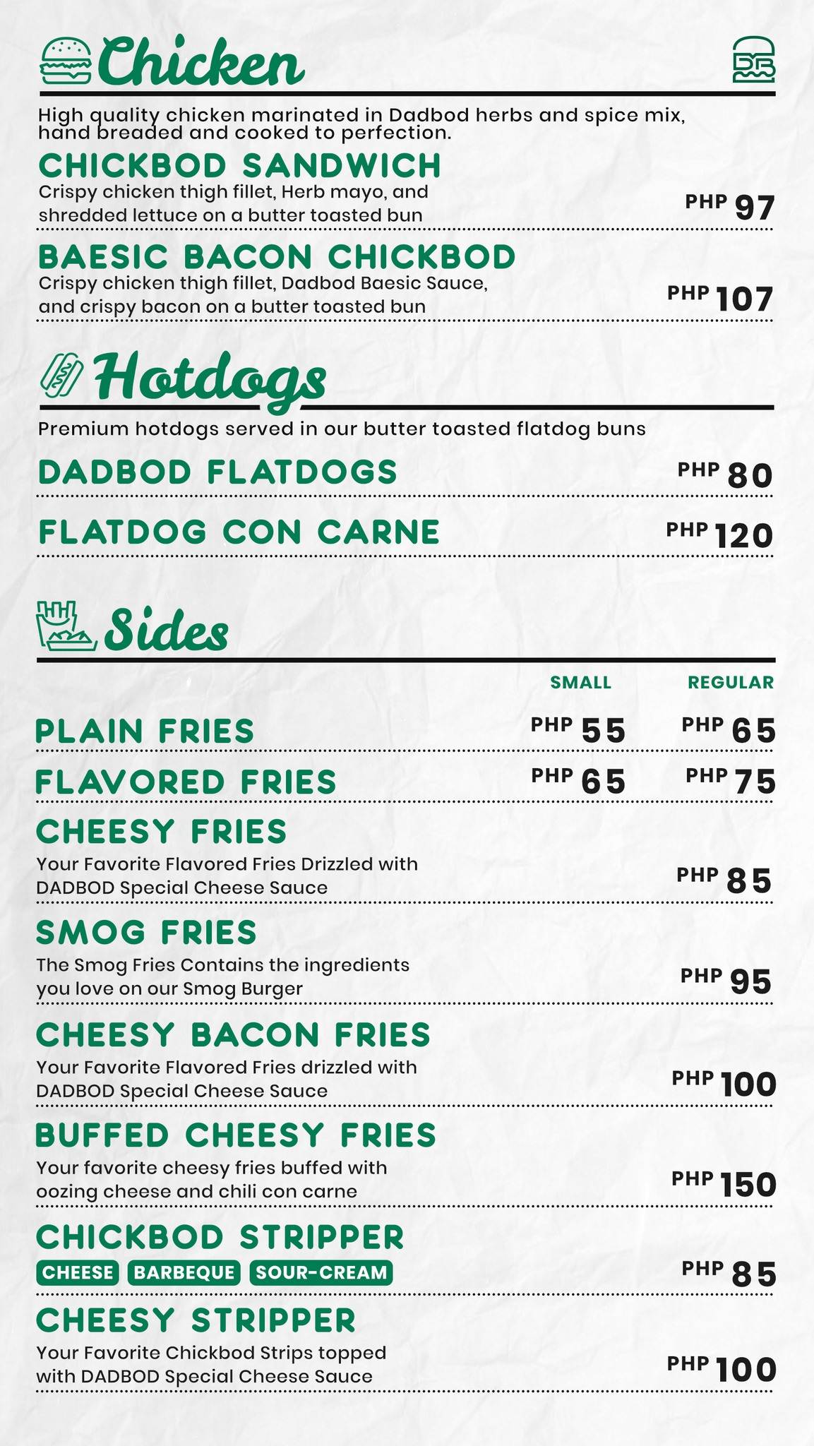 Menu at DadBod restaurant, Lucena, 67 Hermana Fausta St