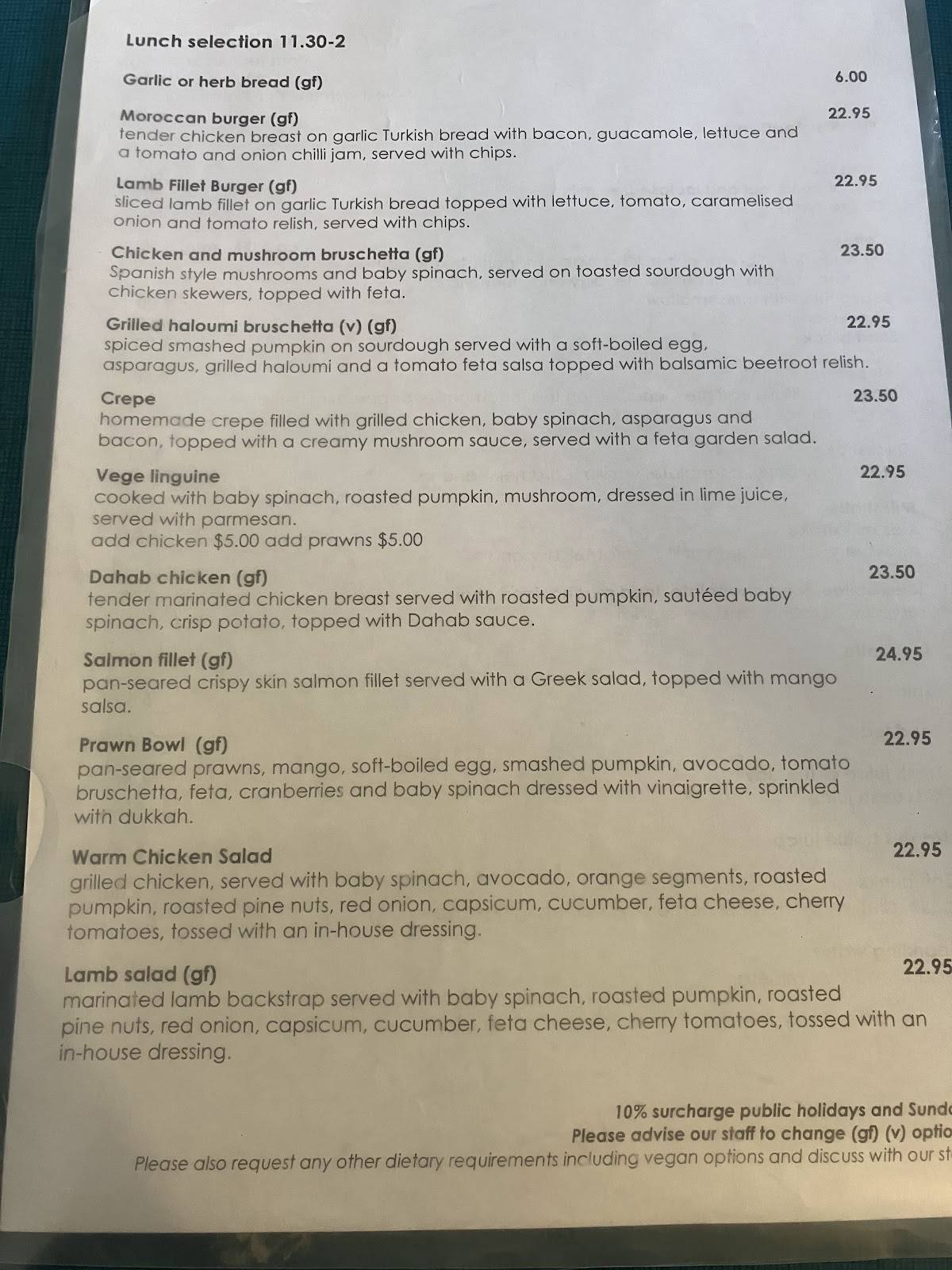 Menu at Dahab Cafe, Dubbo