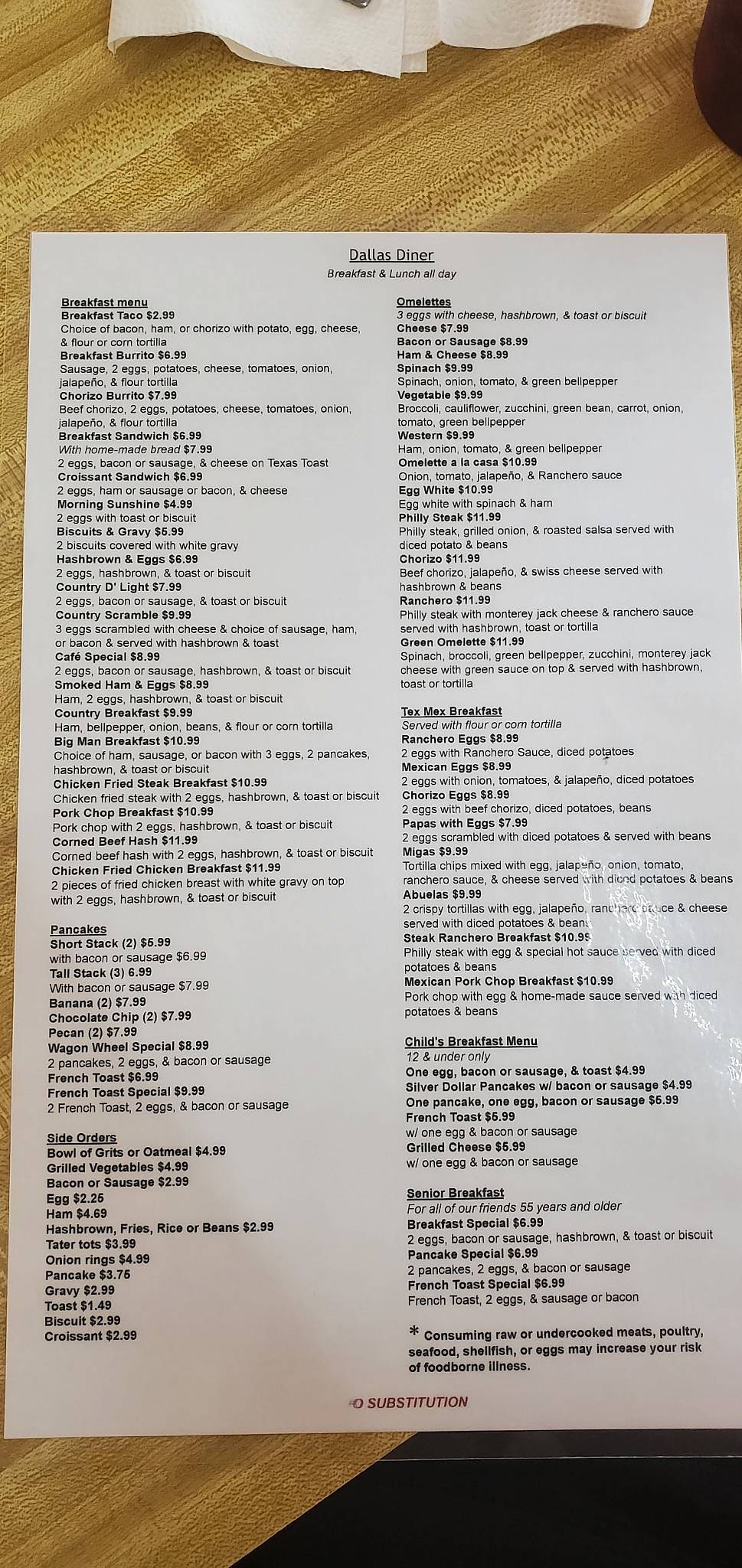 Menu at Dallas Diner restaurant, Dallas, Northwest Hwy