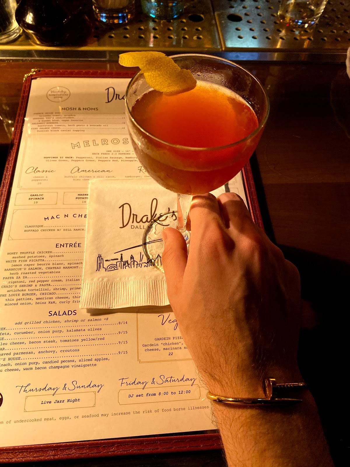Menu at Drake's Hollywood restaurant, Dallas