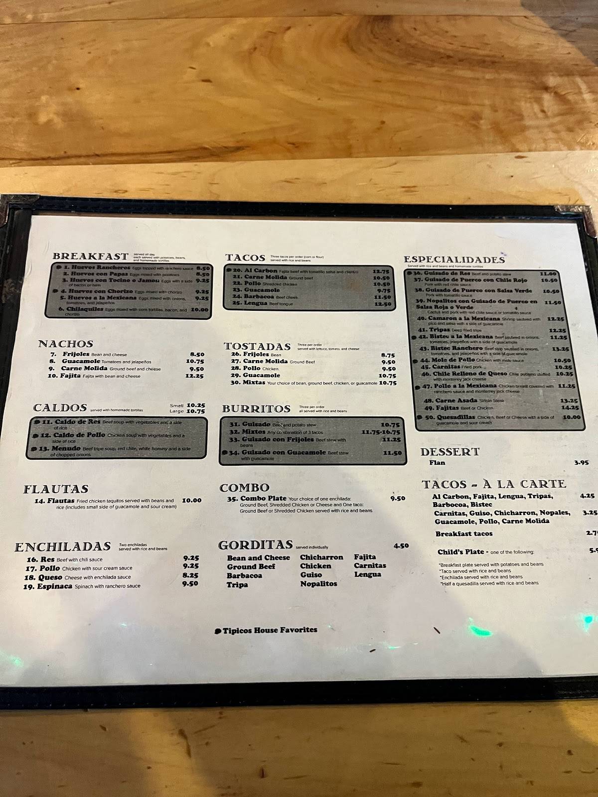 Menu at Tipico's restaurant, Dallas