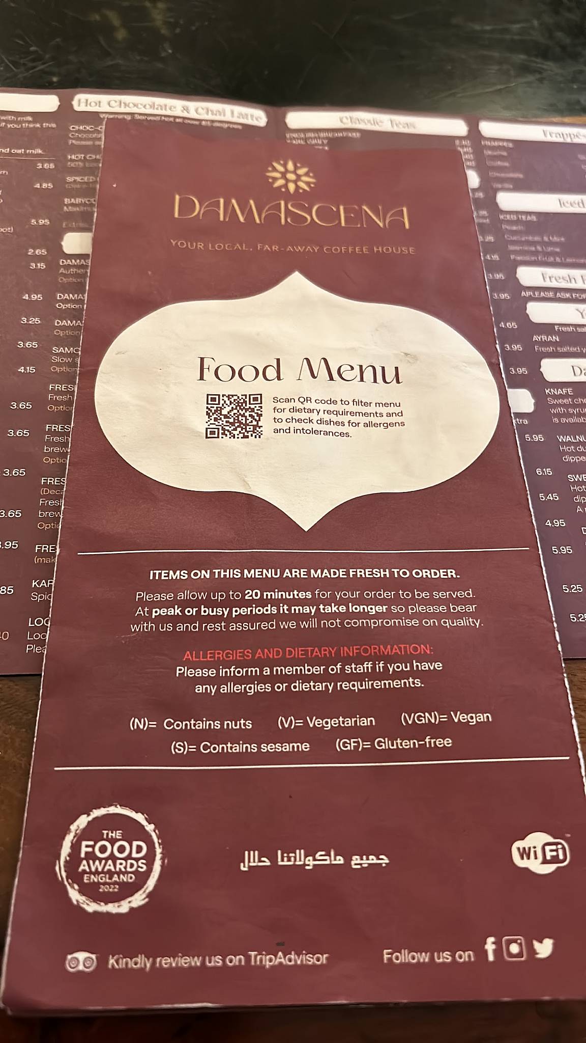 Menu at Damascena Coffee House Moseley, Birmingham, 133 Alcester Rd