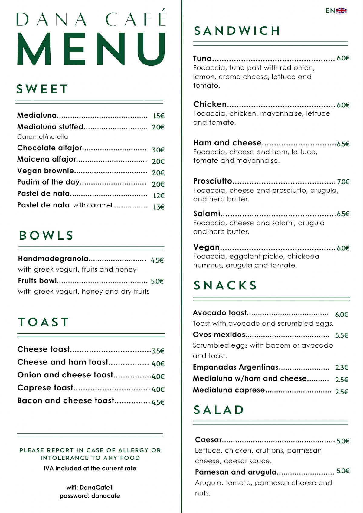 Menu at Dana Café, Lisbon