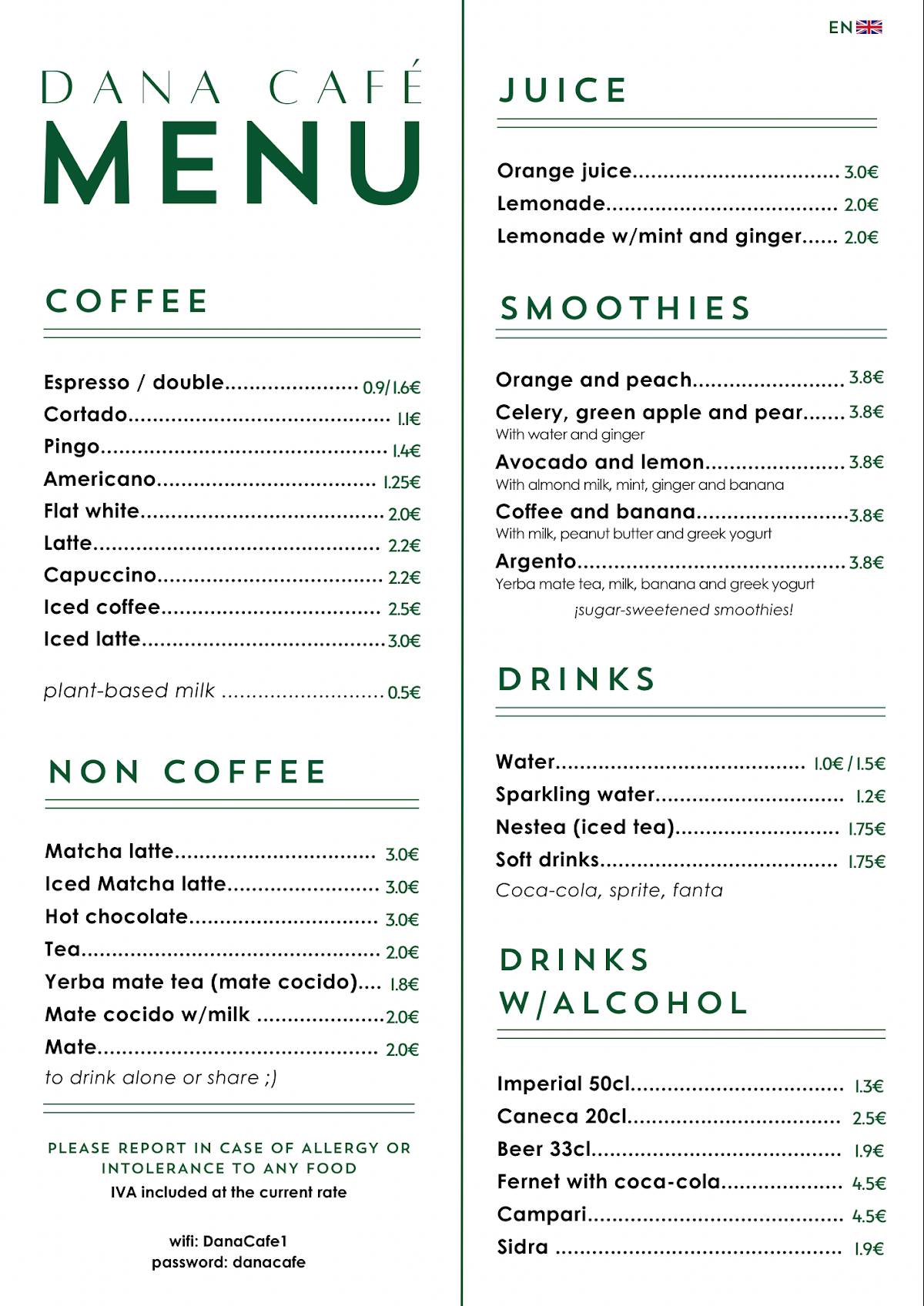 Menu em Dana Café, Lisboa