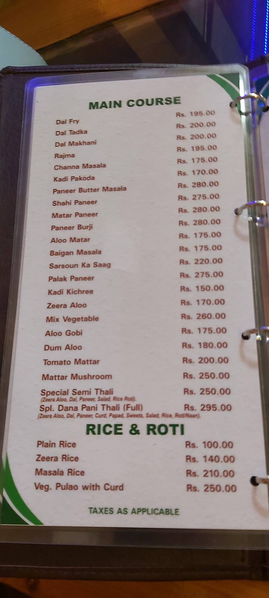 Menu at Dana Pani, Pahalgam, Main
