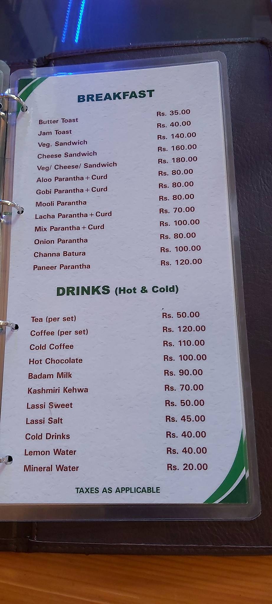 Menu at Dana Pani, Pahalgam, Main