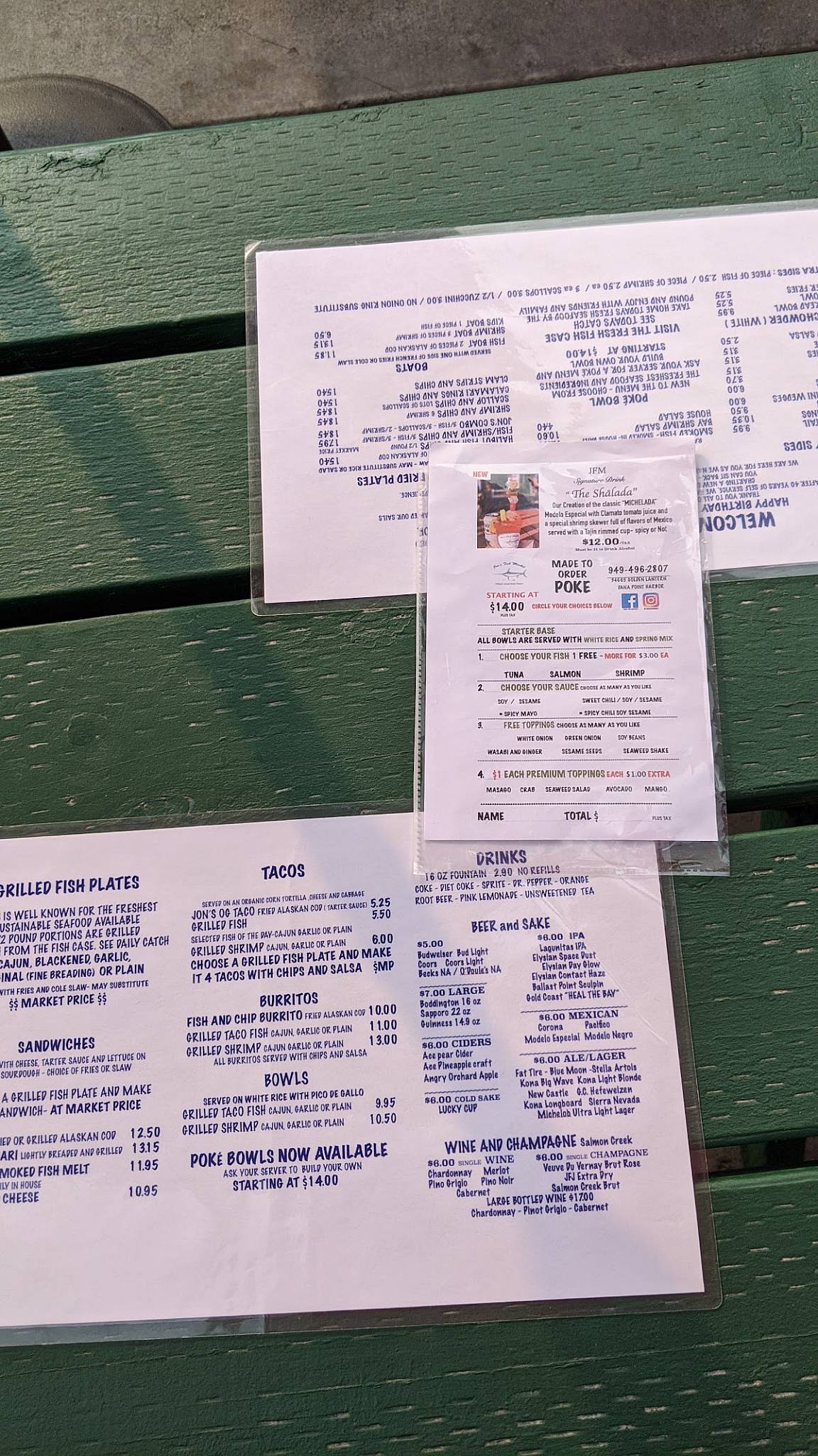 Menu at Jon's Fish Market restaurant, Dana Point