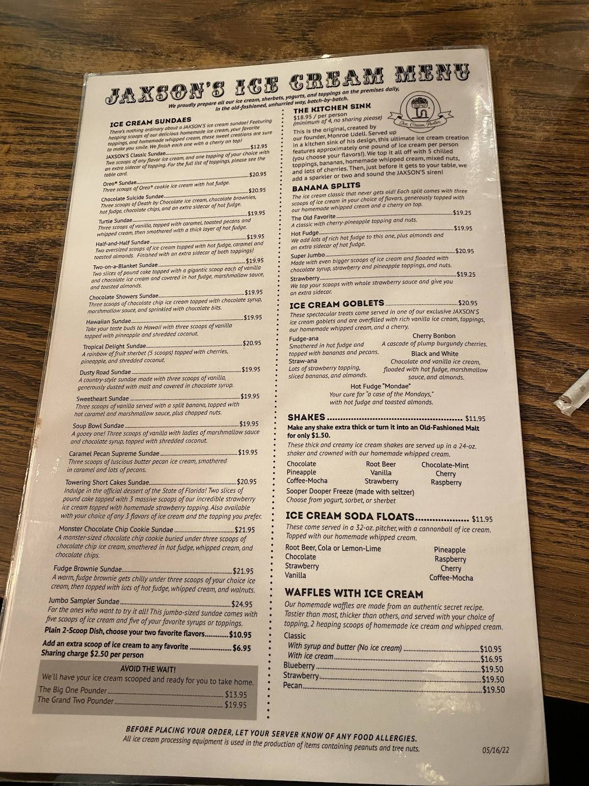 Menu at Jaxson's Ice Cream Parlor & Restaurant, Dania Beach