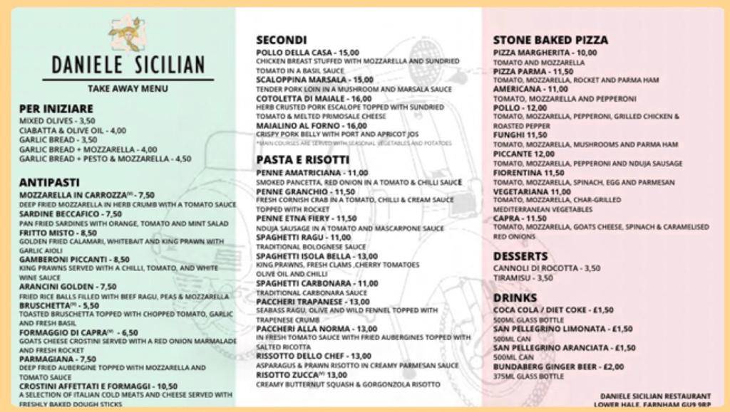 Menu at Daniele Sicilian Restaurant, Farnham