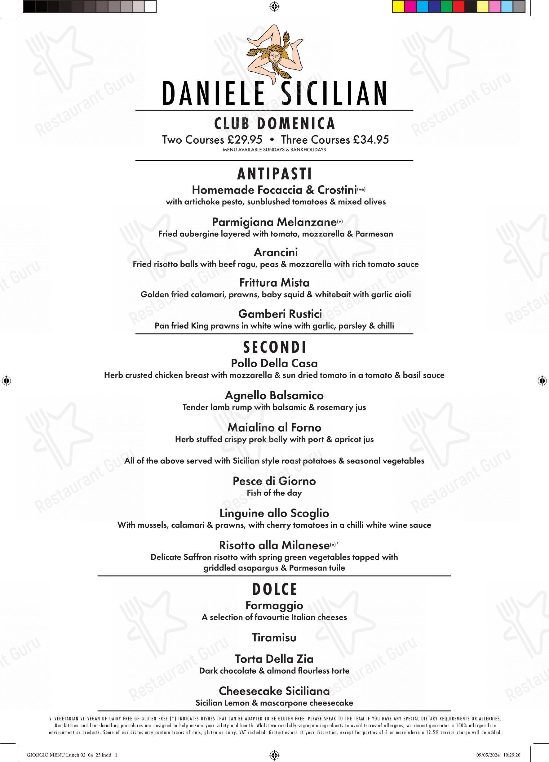 Menu at Daniele Sicilian Restaurant, Farnham