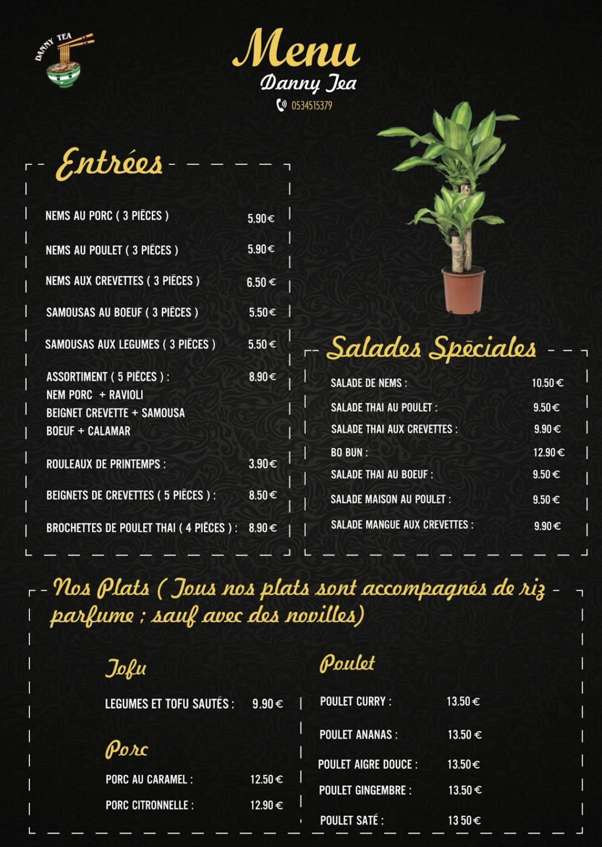Menu au Danny Tea restaurant, Muret