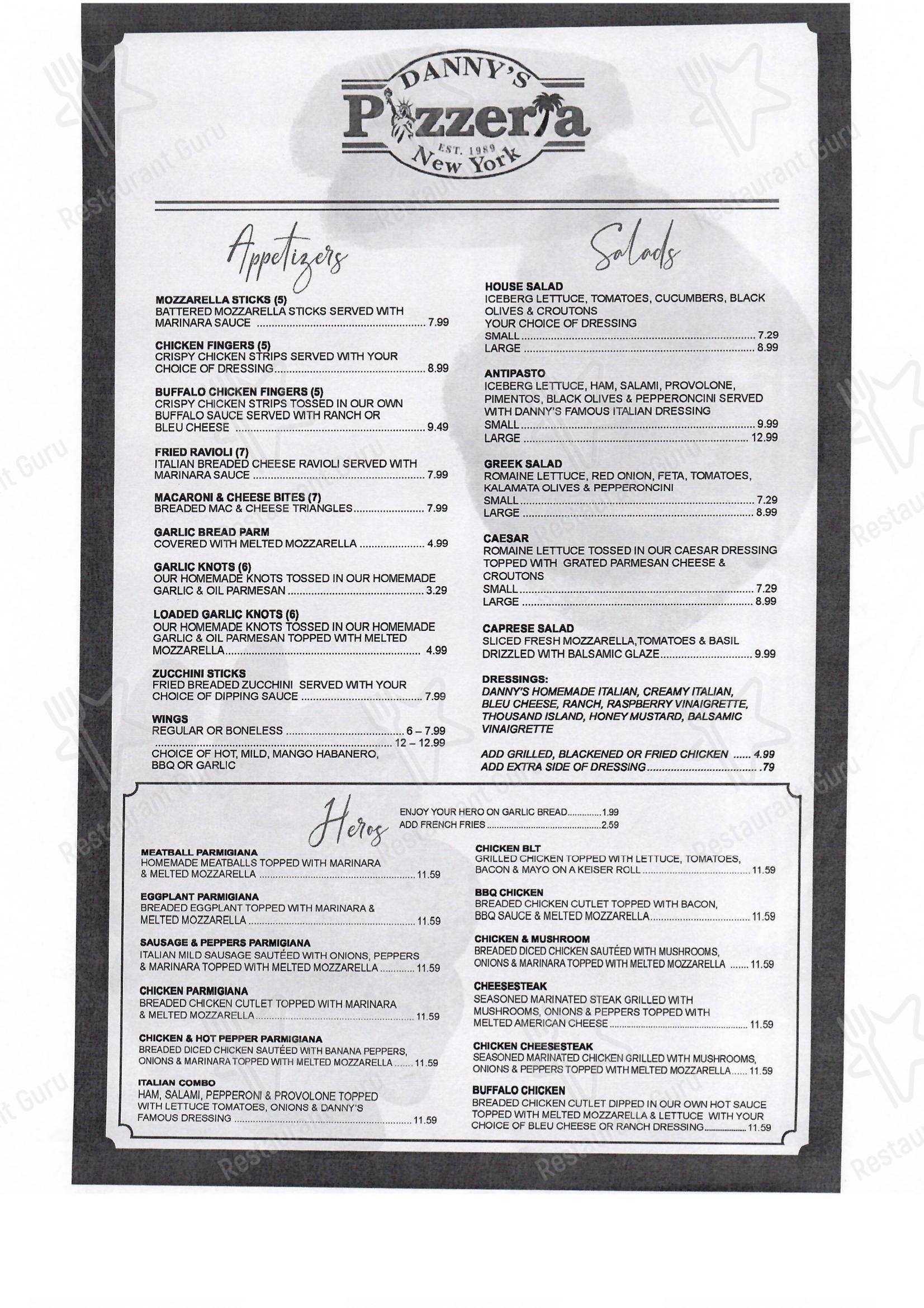 Menu at Danny's Pizzeria, Bradenton