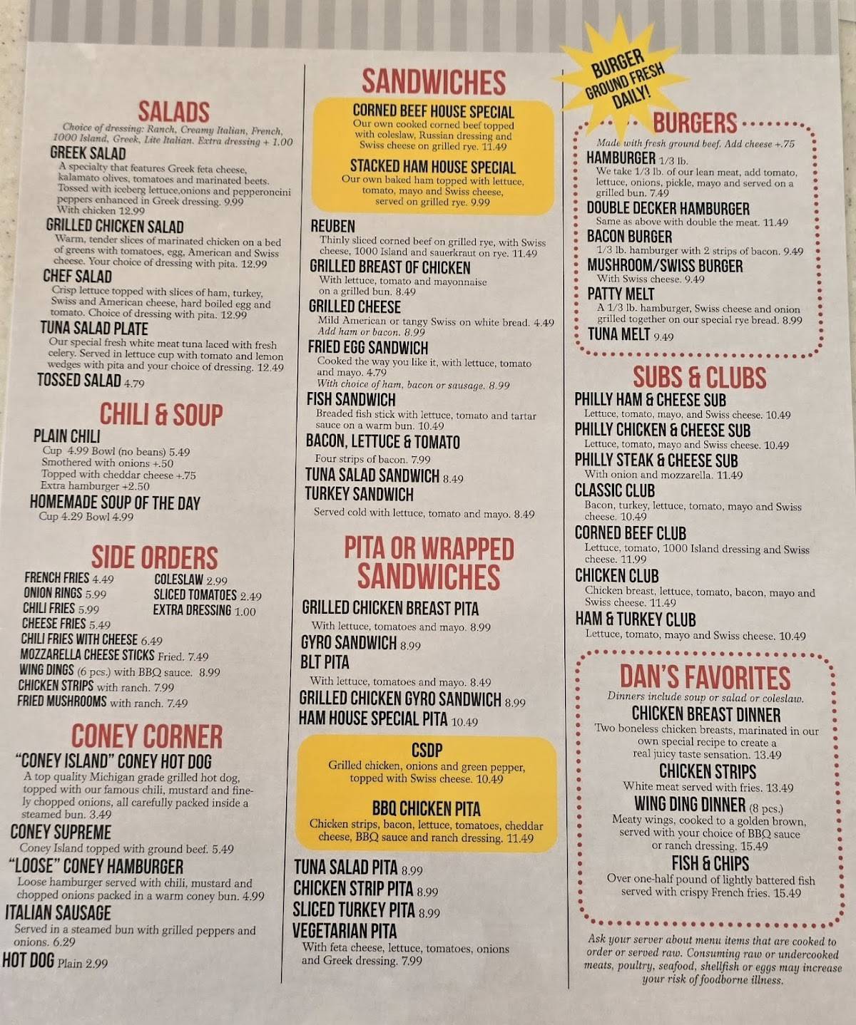 Menu at Dan's Diner restaurant, Warren