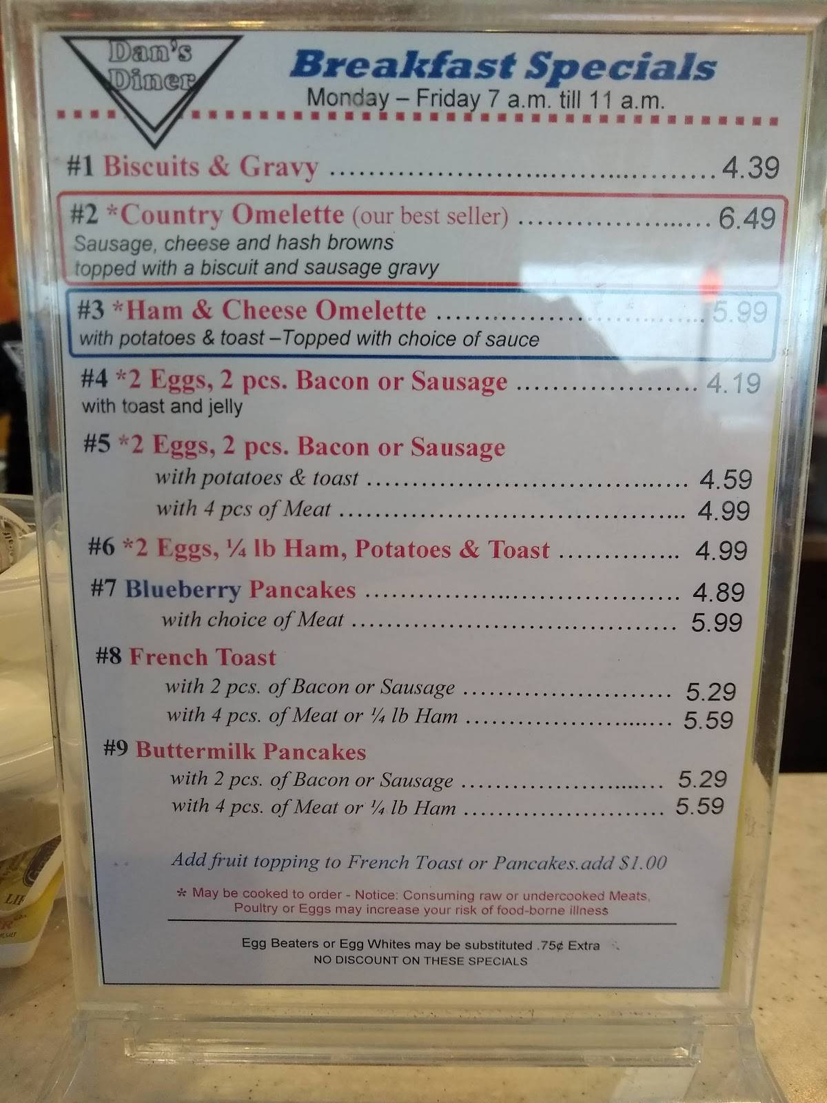 Menu at Dan's Diner restaurant, Warren