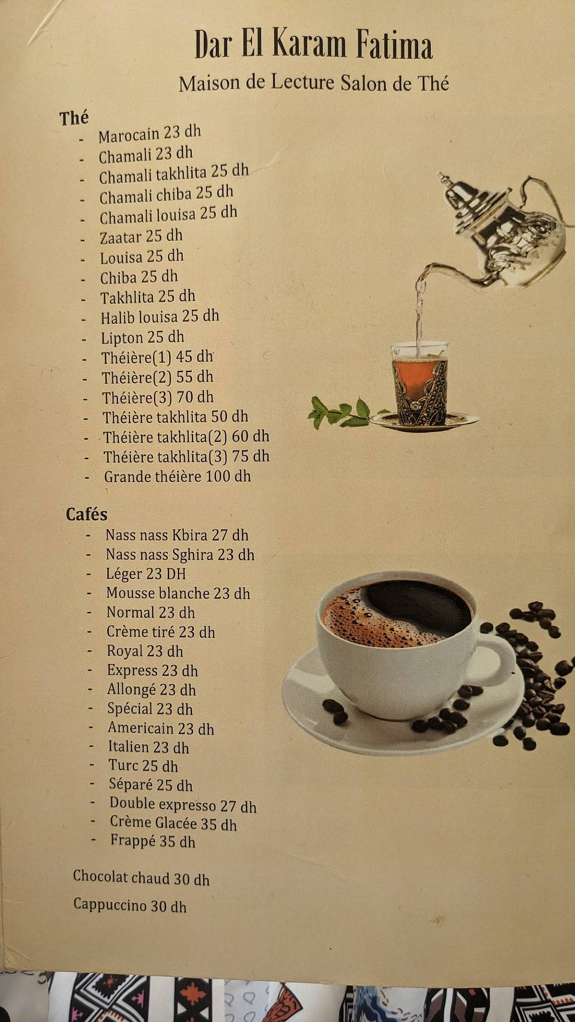 Menu au Dar El Karam Fatima café, Rabat