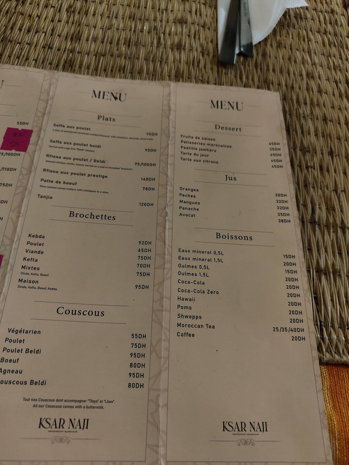 Menu au Dar Naji. restaurant, Tanger, Ajroum