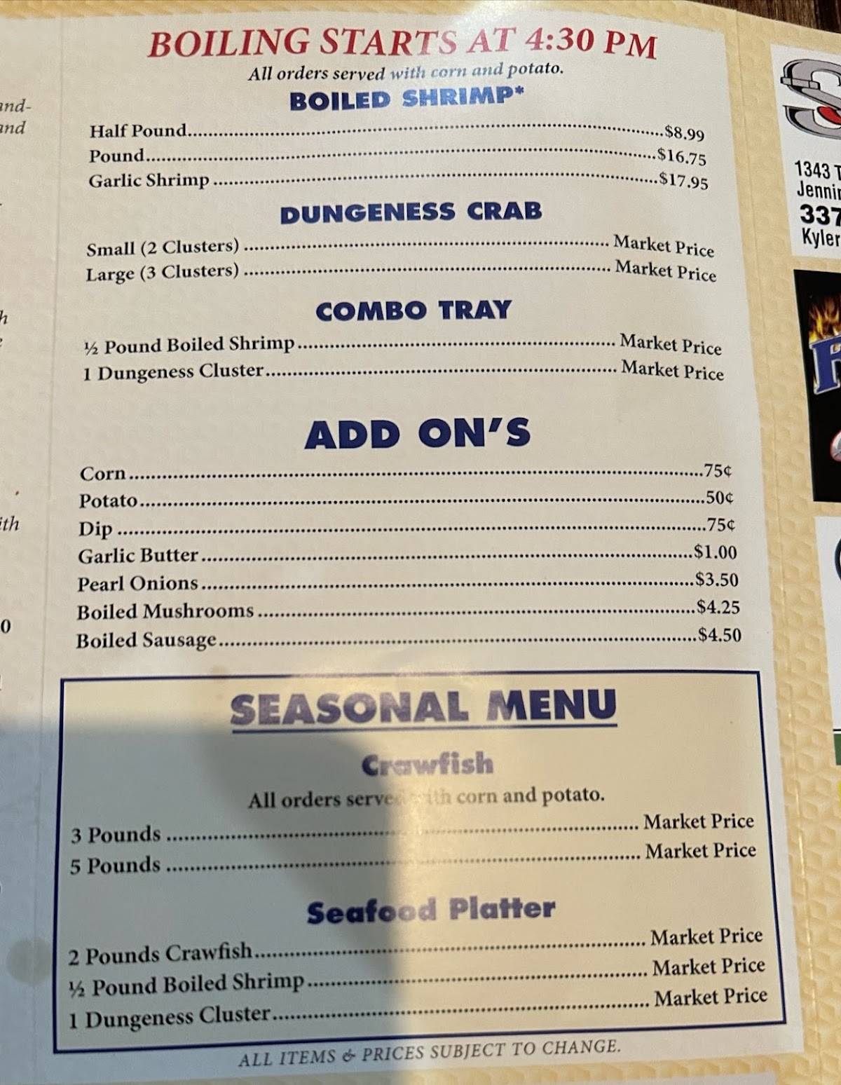 Menu at Darrell's of Jennings restaurant, Jennings