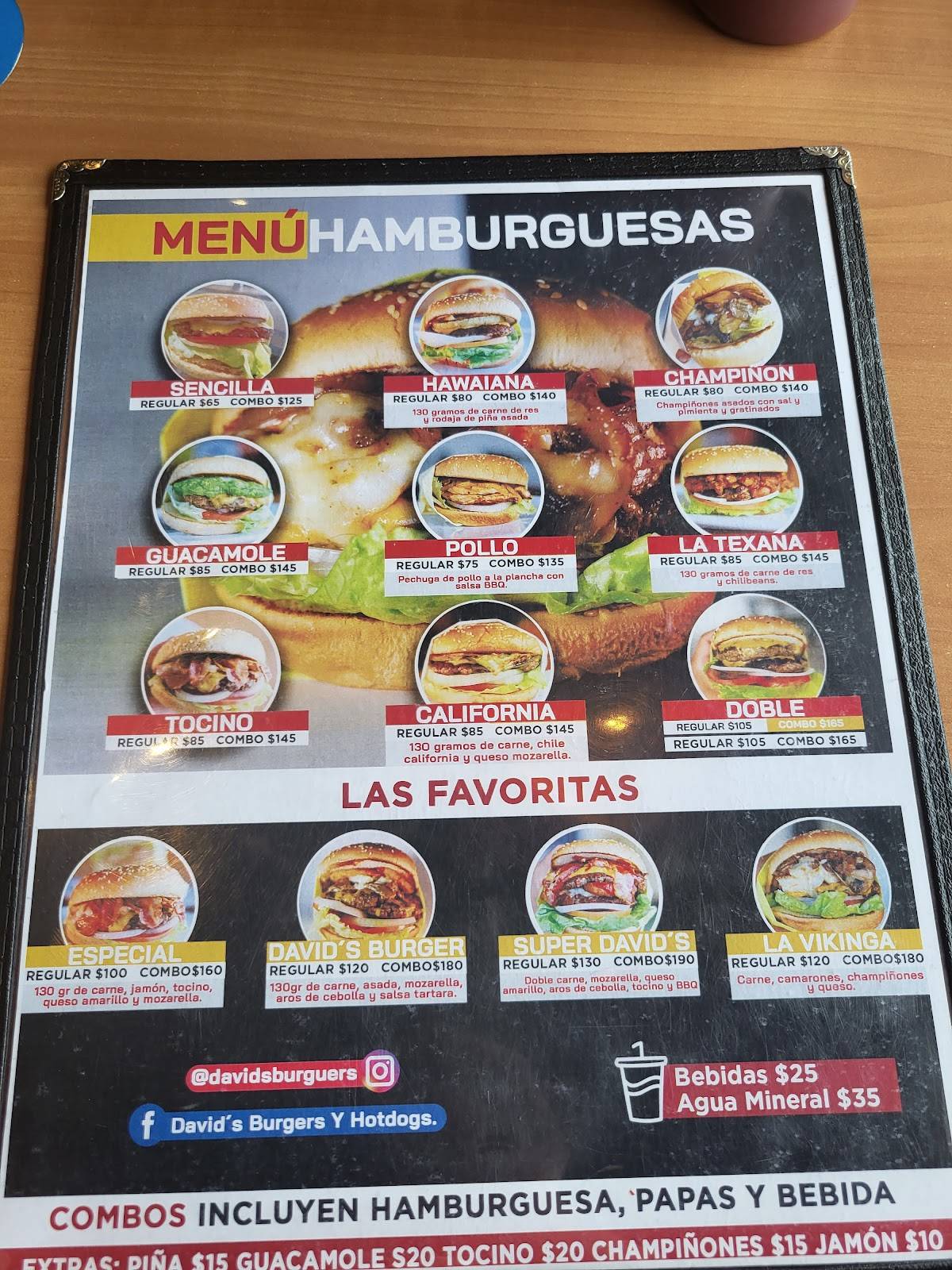 Carta del restaurante David's burgers y hotdogs, Rosarito