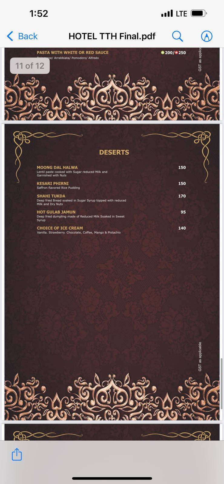 Menu at Dawat-e-Khas, Varanasi