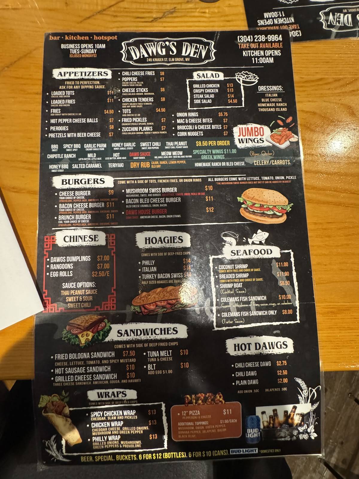 Menu at Dawgs Den pub & bar, Wheeling