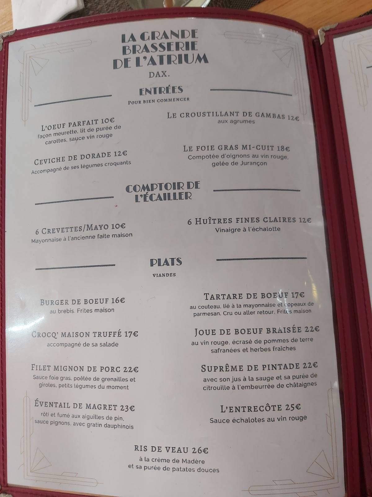 Menu au La Grande Brasserie de l'Atrium Dax restaurant, Dax