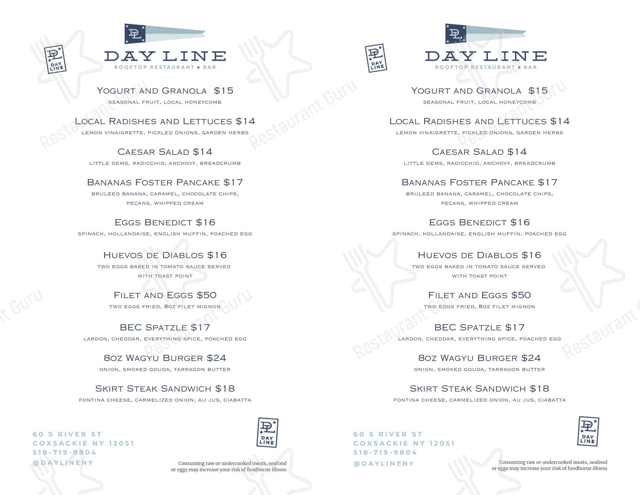 Menu at Day Line Rooftop Restaurant & Bar, Coxsackie