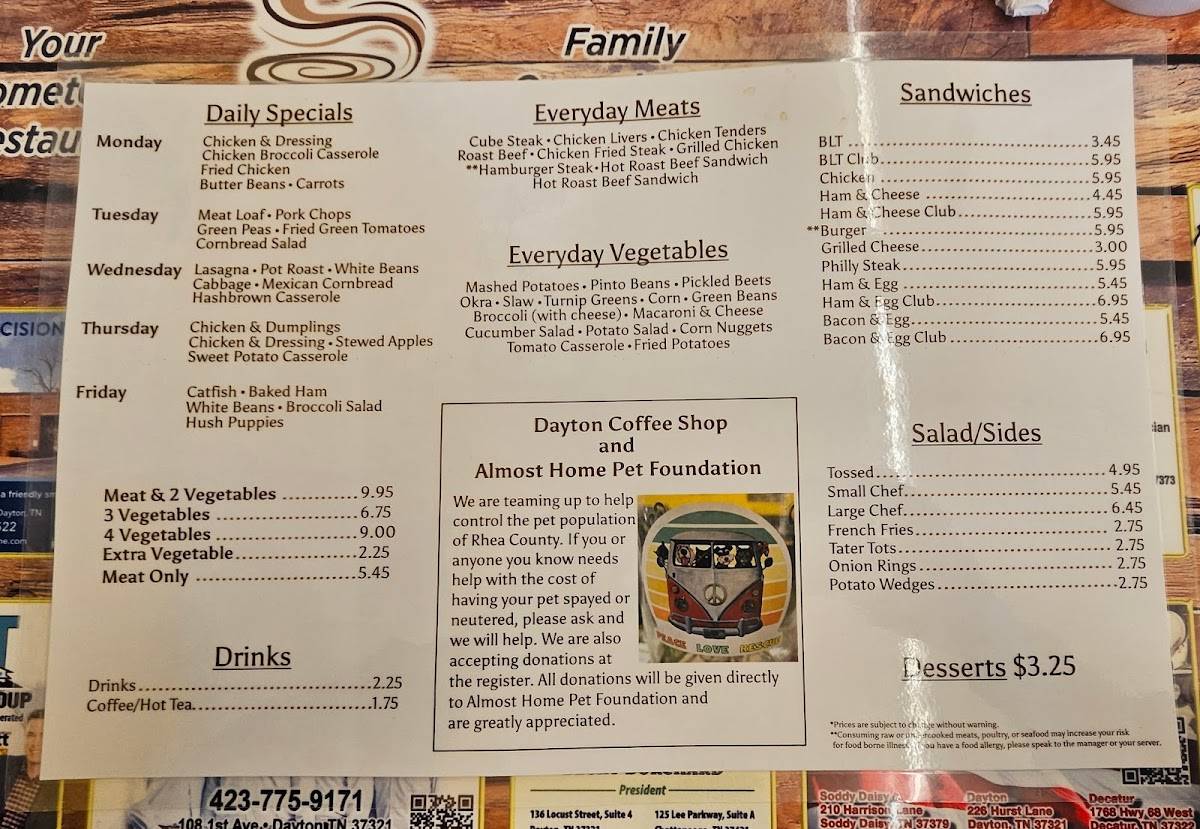 Menu at Dayton Coffee Shop restaurant, Dayton