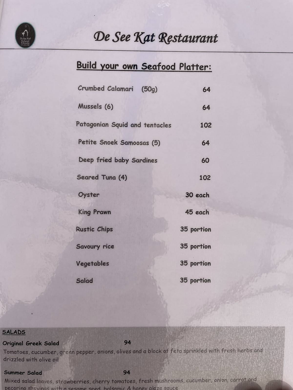 Menu at De See Kat Restaurant, Paternoster