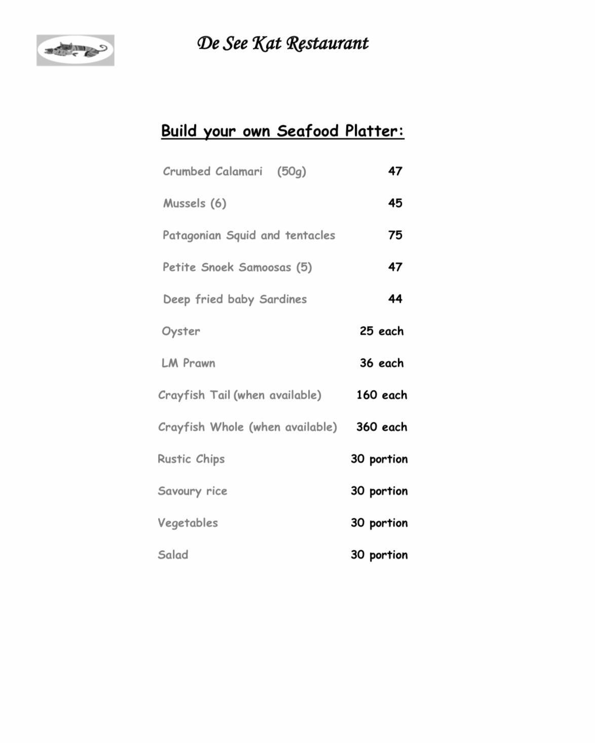 Menu at De See Kat Restaurant, Paternoster